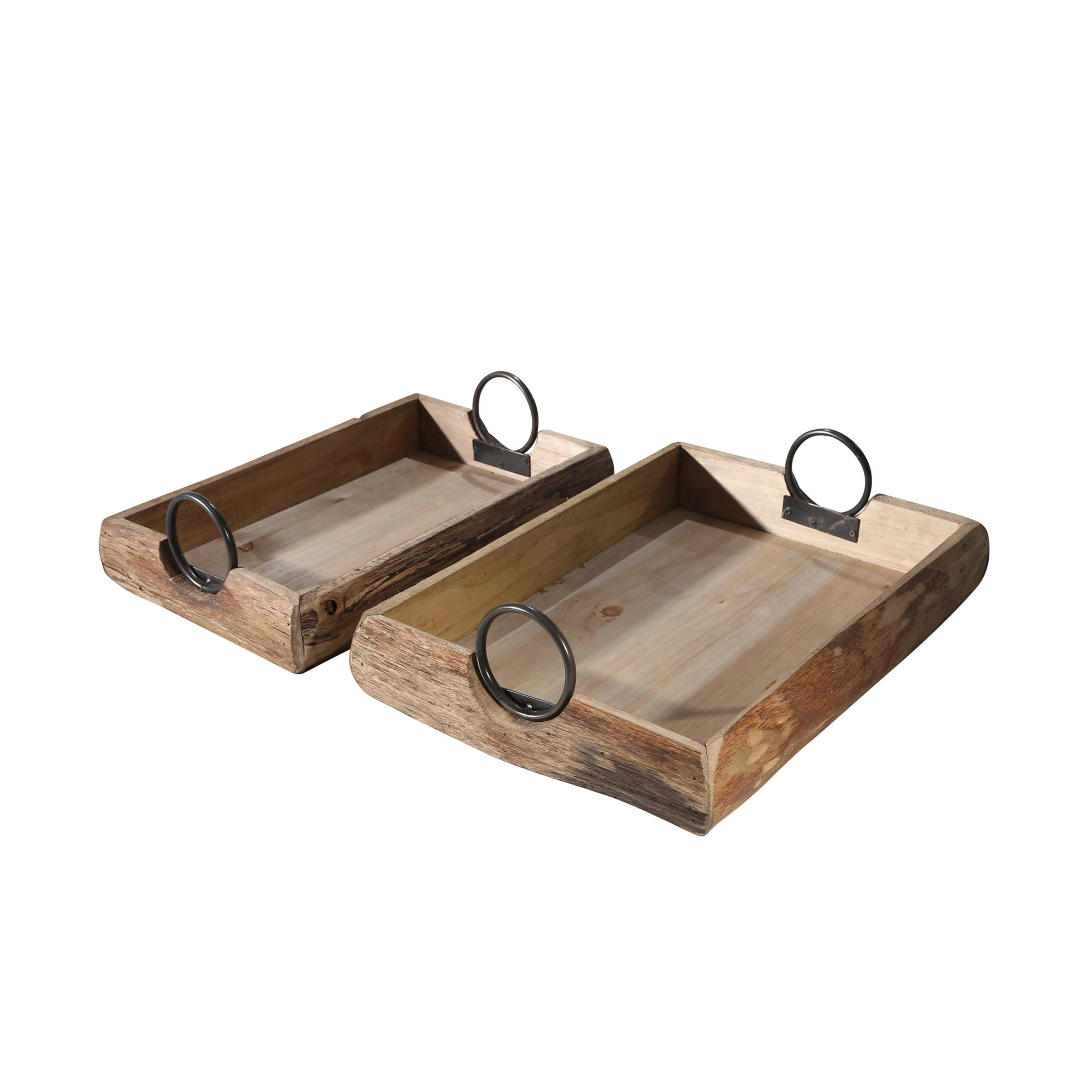 Gracie Oaks Codman Rustic Wooden Trays With Metal Handles Set Of Two ...