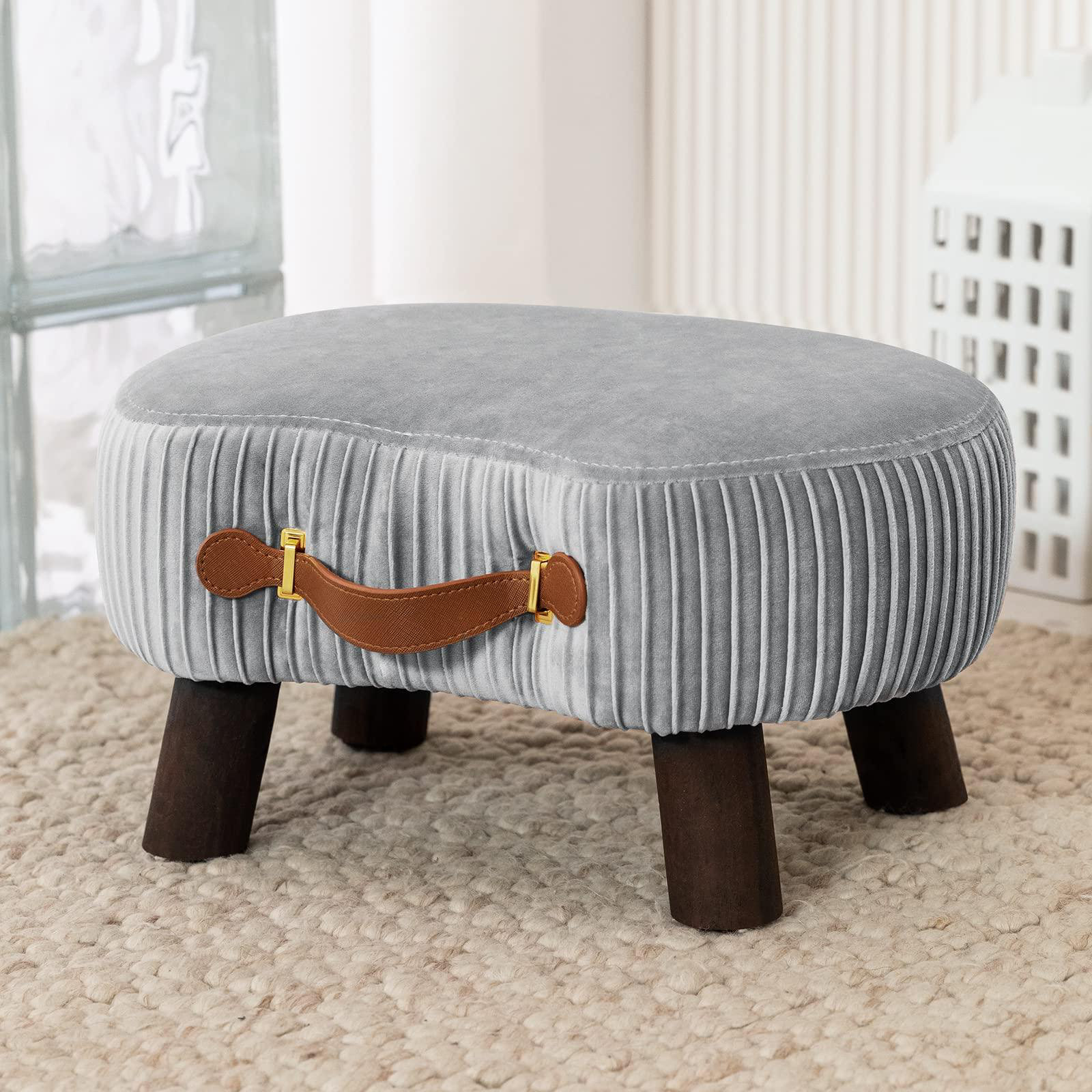 Mercer41 Small Curved Foot Stool With Handle, Velvet Footstool And ...