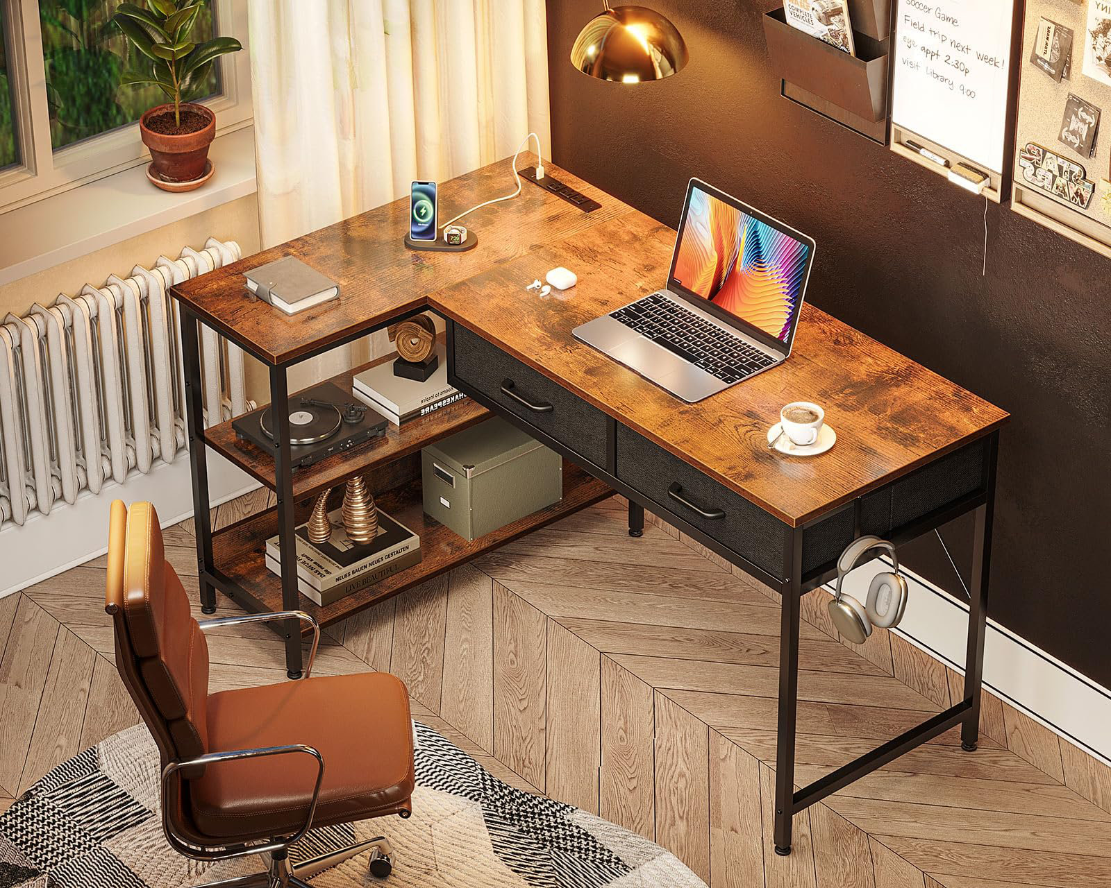 17 Stories L Shaped Desk With 2 Drawers, Computer Desk With USB Ports ...