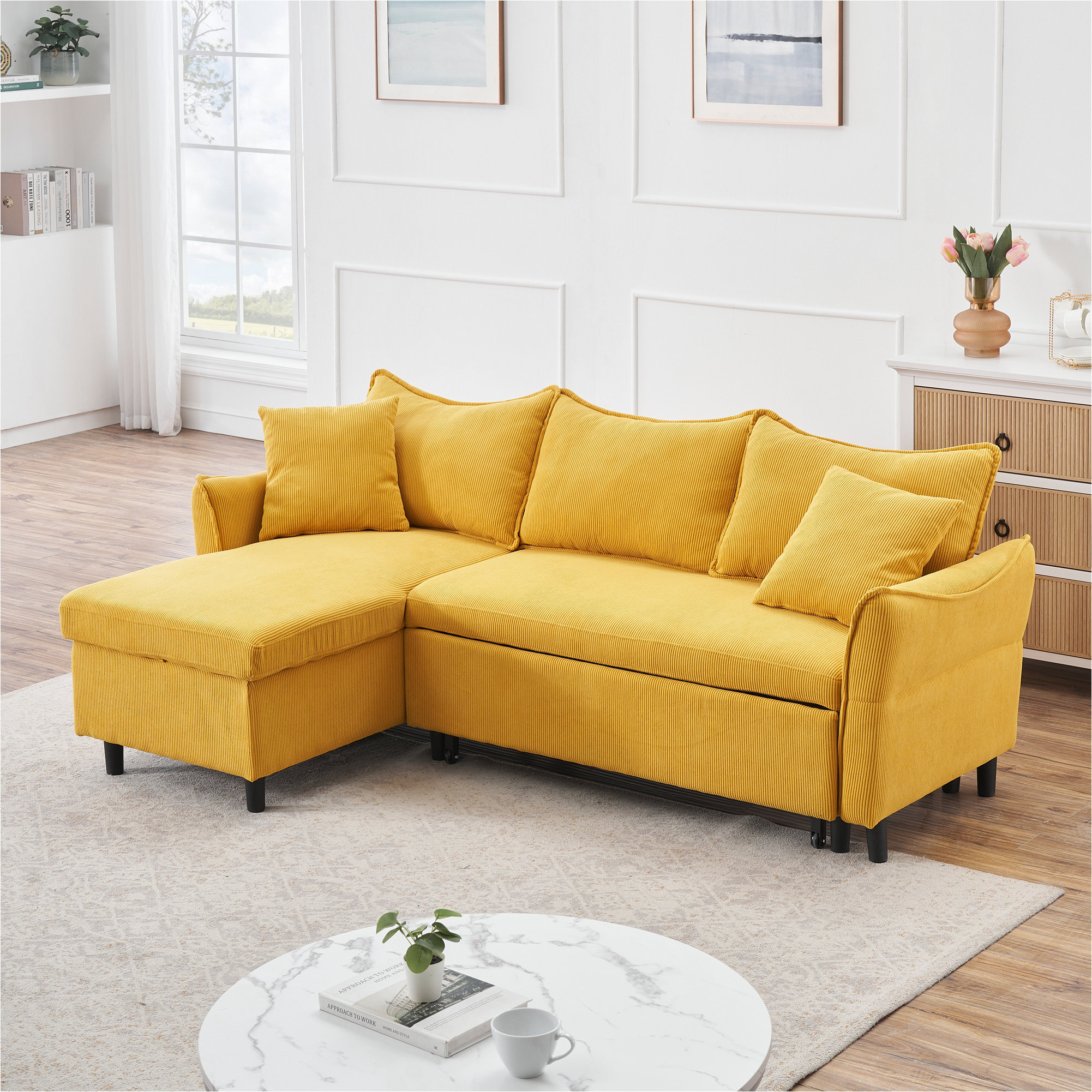 Latitude Run® The 80-Inch Yellow Corduroy L-Shaped Sofa Comes With Two ...