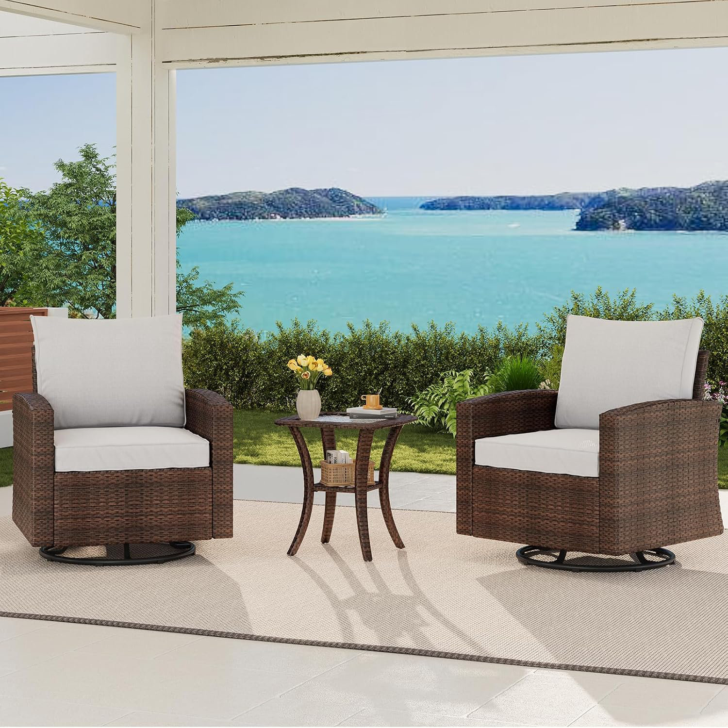 Winston Porter 3 Piece Outdoor Swivel Rocking Chair Set, Wicker Swivel ...