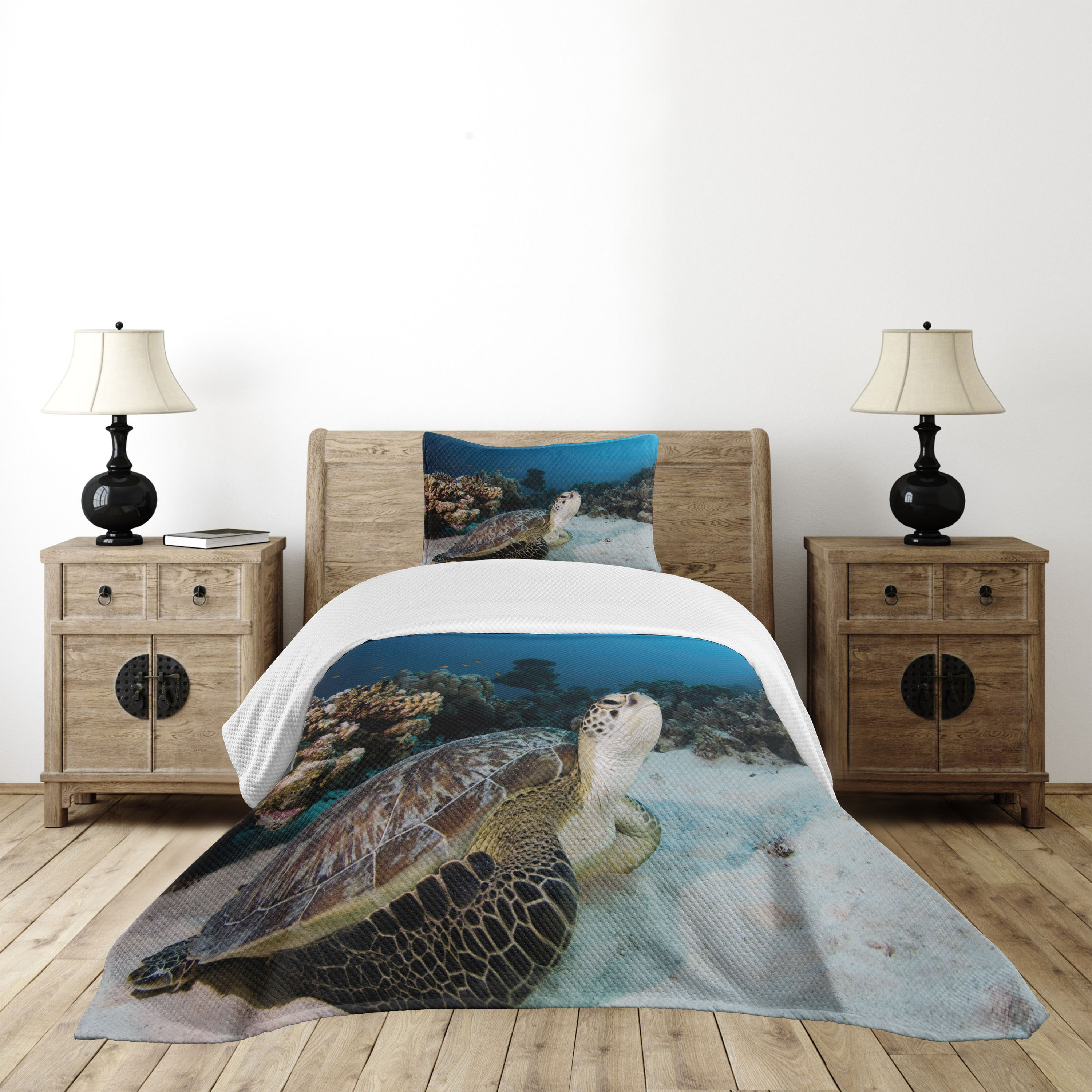 Ambesonne Under the Sea Bedspread Set Turtle Coral Reef Brown Coconut ...
