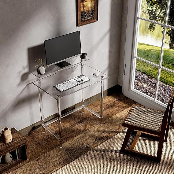 Ivy Bronx Desk - Home Office Desk With Monitor Stand - Modern Clear ...