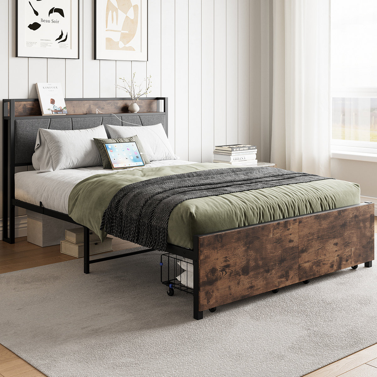 17 Stories Full Size Bed Frame, Storage Headboard With Charging Station ...