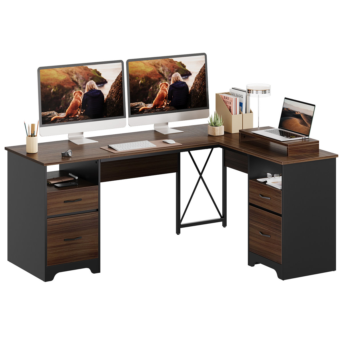 17 Stories Daymen 63'' L Shaped Home Office Desk with 2 File &Storage ...
