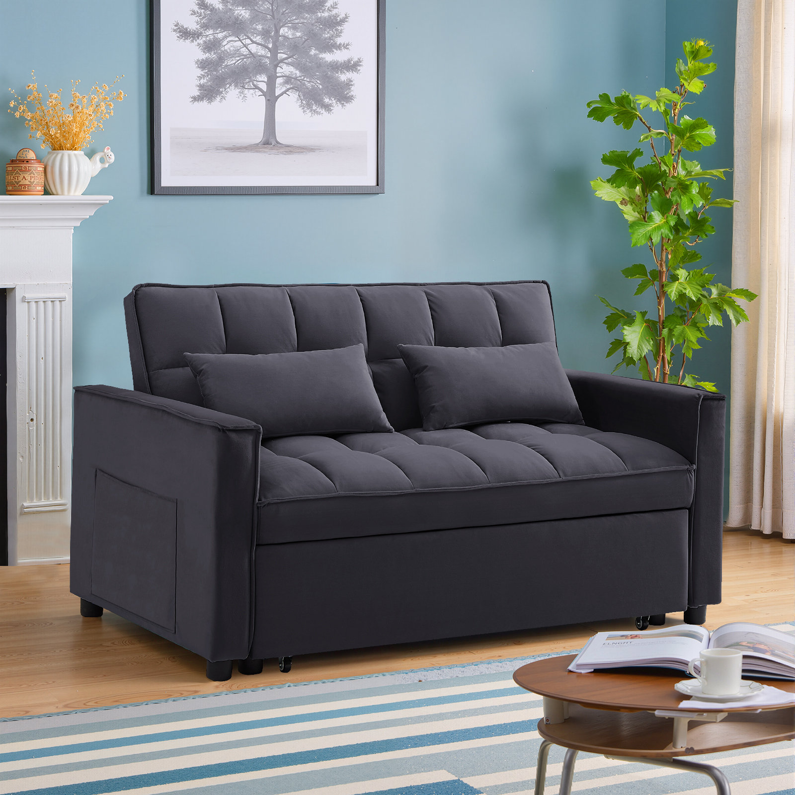 Corrigan Studio® 3 in 1 Convertible Sleeper Sofa Bed, Velvet Futon ...