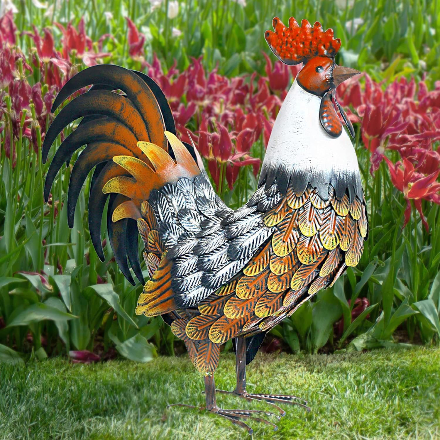 Latitude Run® Garden Rooster Statues & Sculpture, Metal Chicken Animal ...