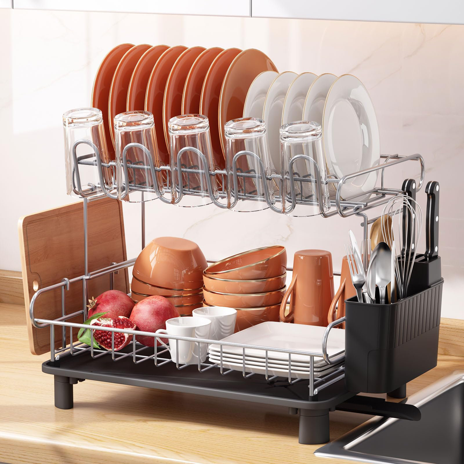NIERBO Innovative Large Stainless Steel Two Tier Dish Drying Rack 12 ...
