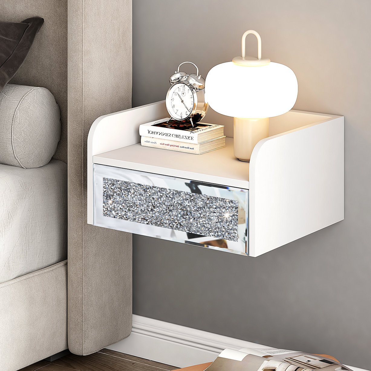 Mercer41 Chartier Wall Mounted Nightstand Open Shelf Mirrored Glass ...