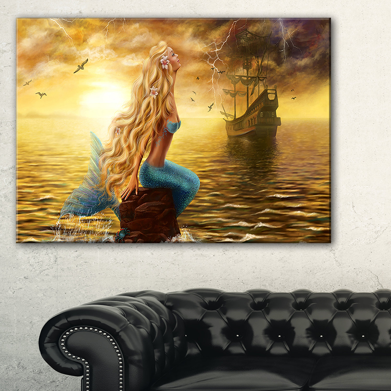 Ebern Designs Sea Mermaid with Ghost Ship - Graphic Art Print ...