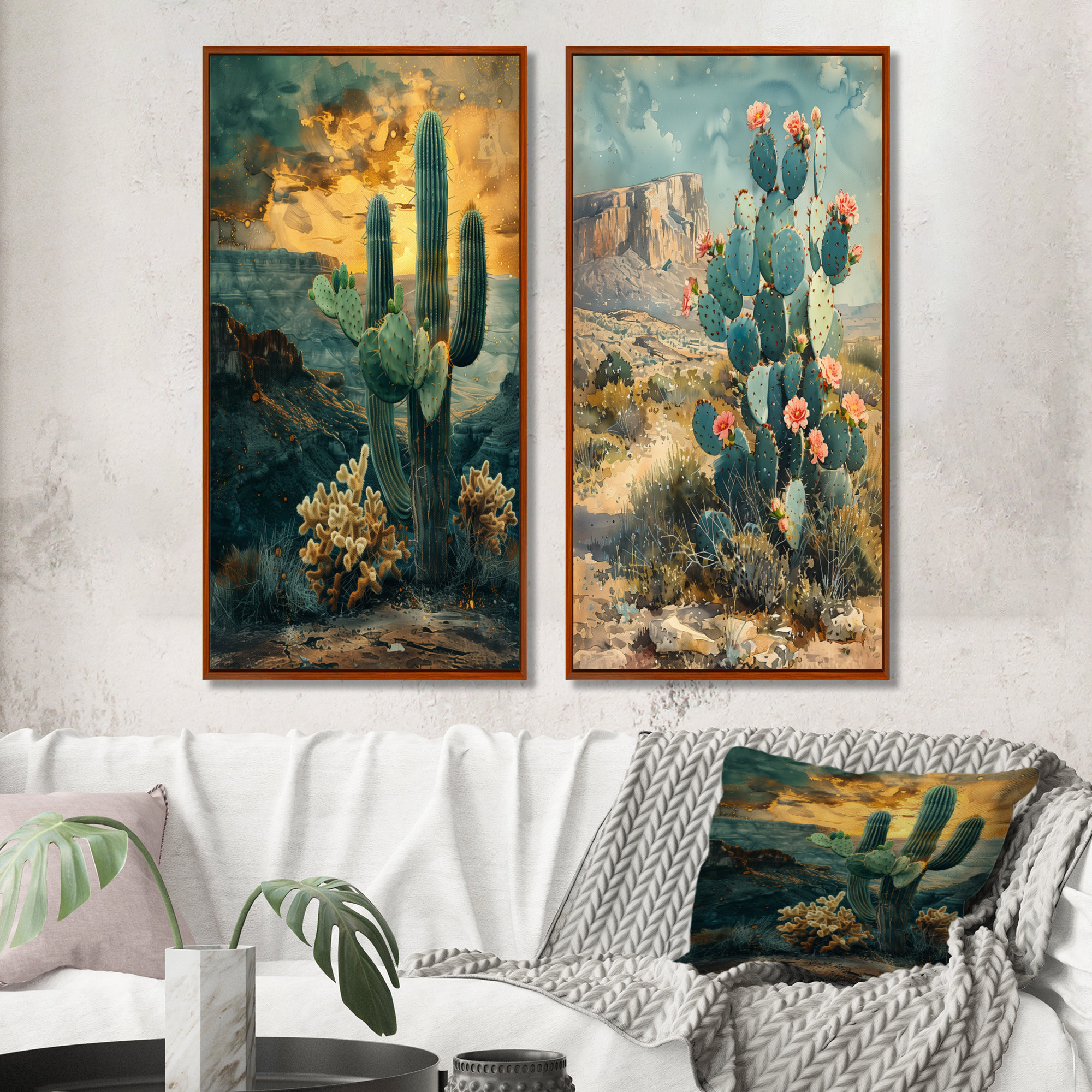 Union Rustic Green Yellow Gardian Of The Desert Cactus I - Floral Cactus Wall Art 2 Pieces Set ...