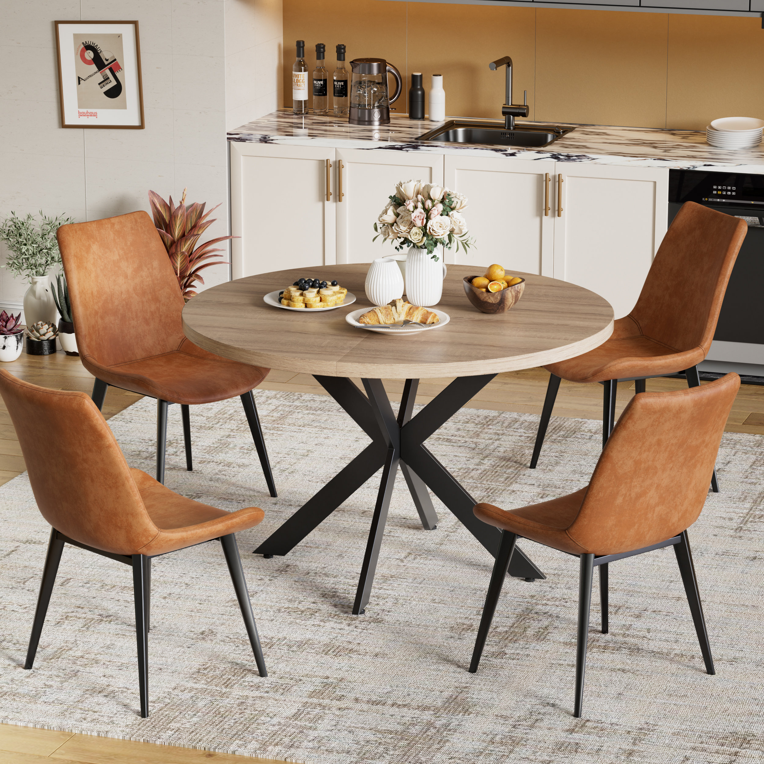 17 Stories 47.2" Round Dining Table Set For 4, Kitchen & Dining Room ...