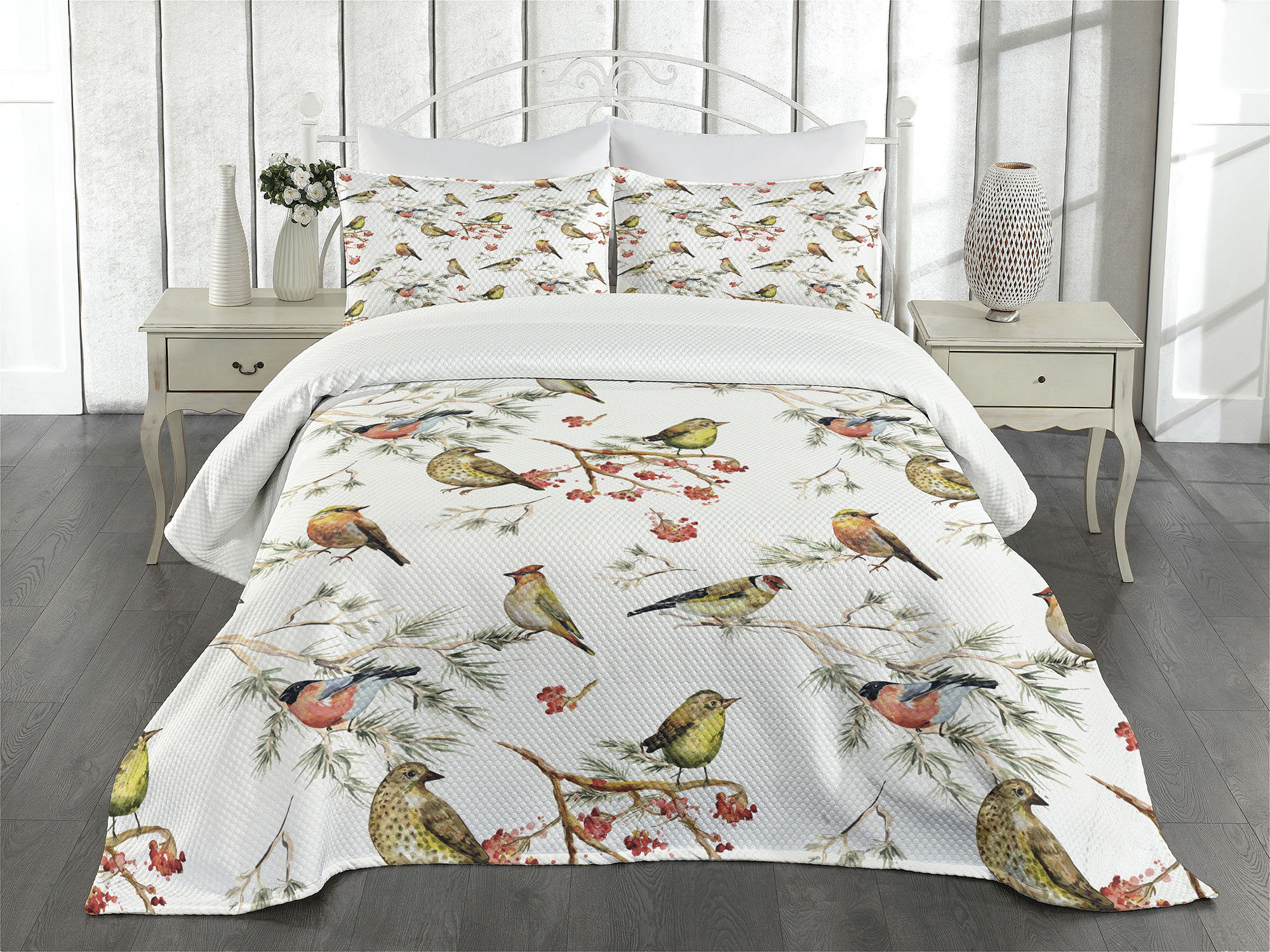 Ambesonne Animal Bedspread Set 3 Pcs Colorful Forest Birds Queen ...