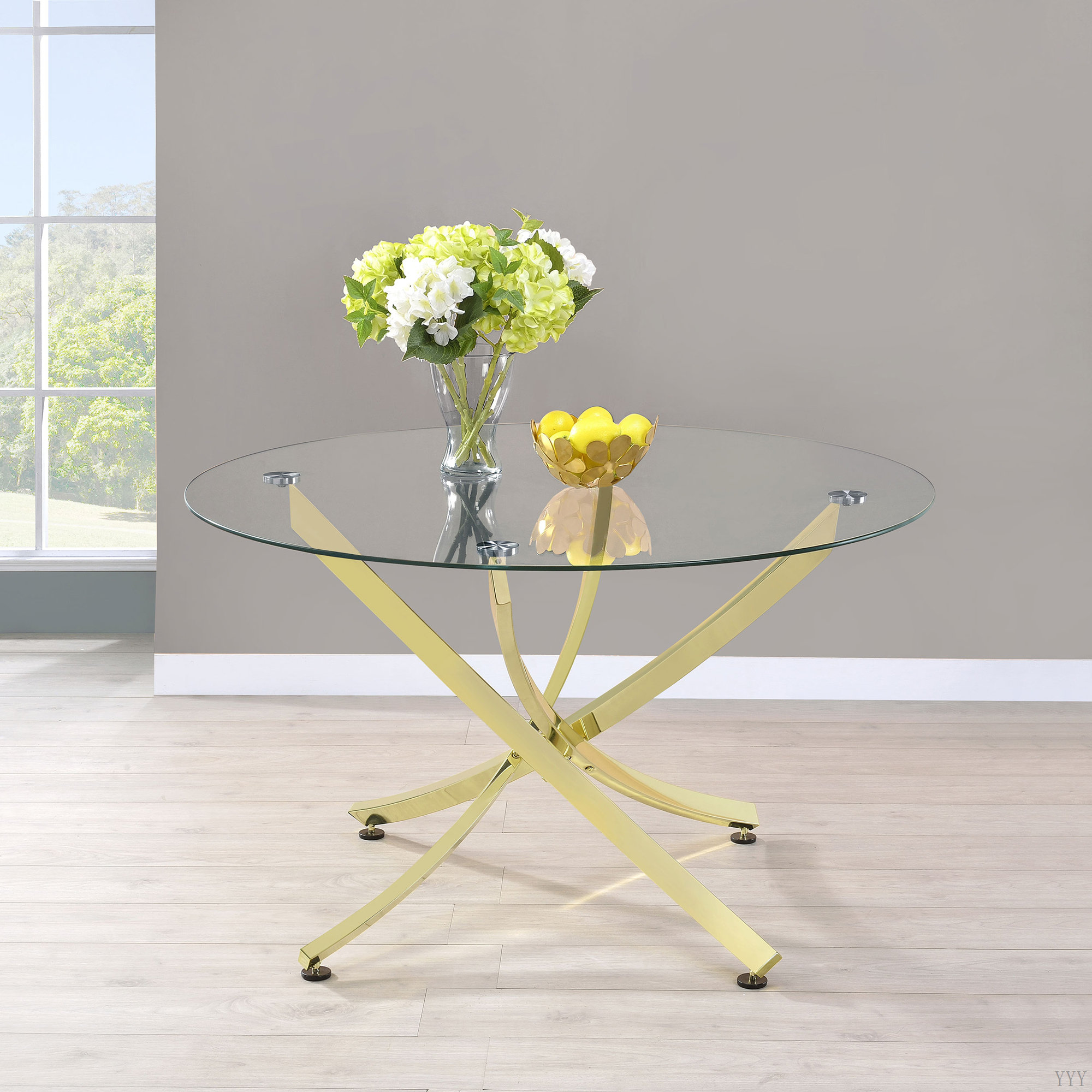 Ivy Bronx Orlette Brass And Clear Modern Brass Glasstop Dining Table | Wayfair