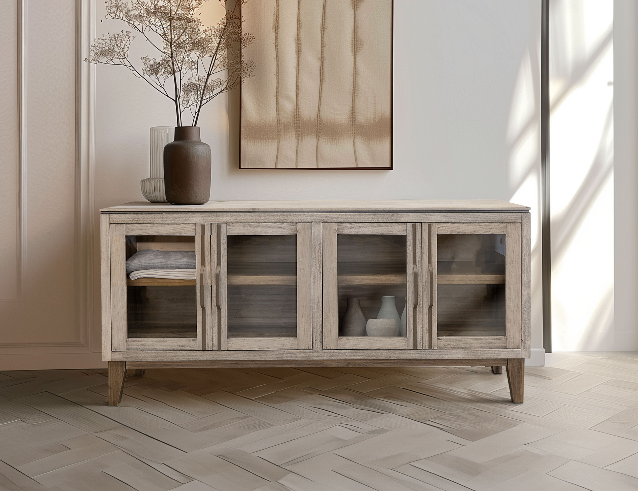 Gracie Oaks Eadie 4 Glass Door Metal Handle Console | Wayfair