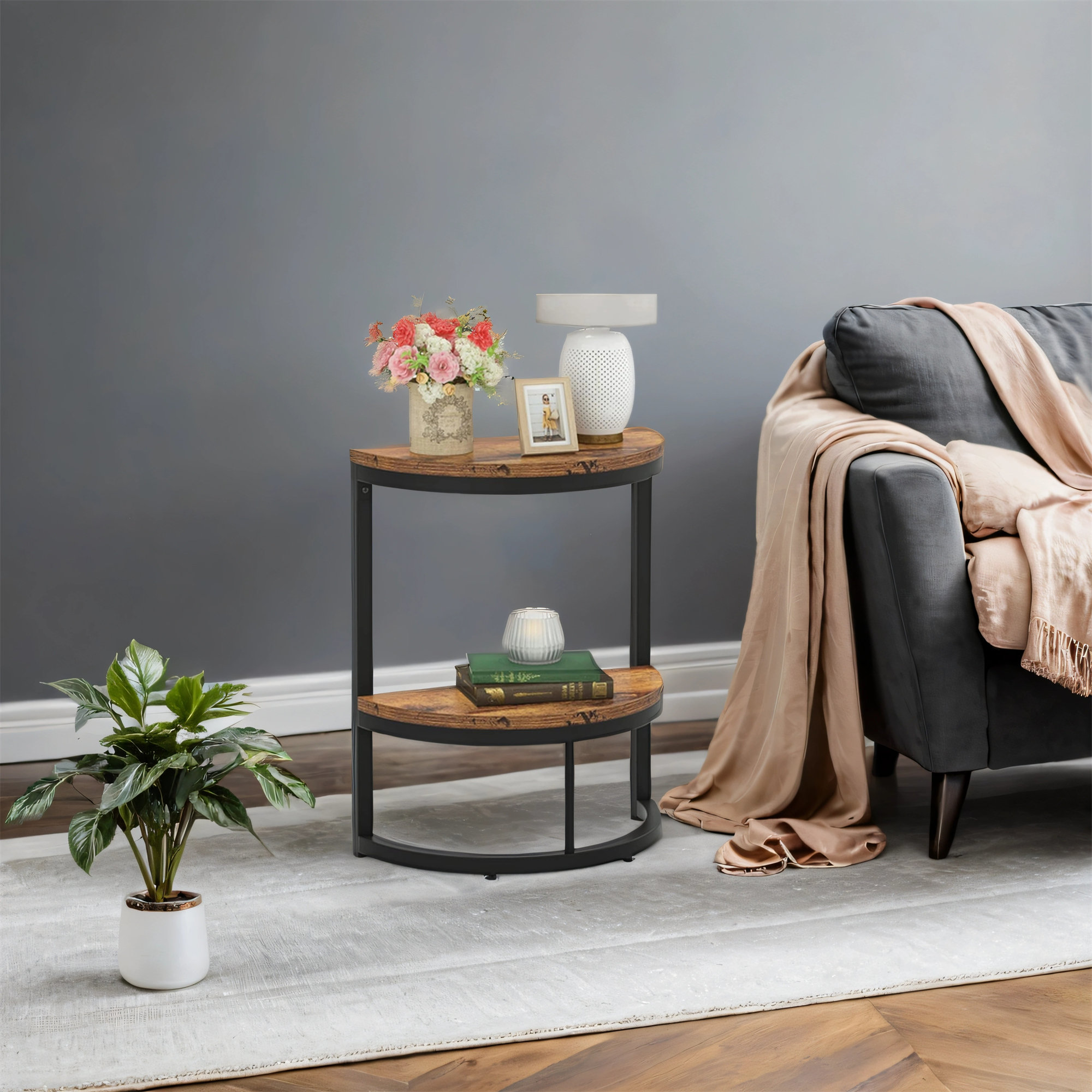 17 Stories 19.69'' Half-Moon Side Table, Two-Tier Storage Shelf, Brown ...