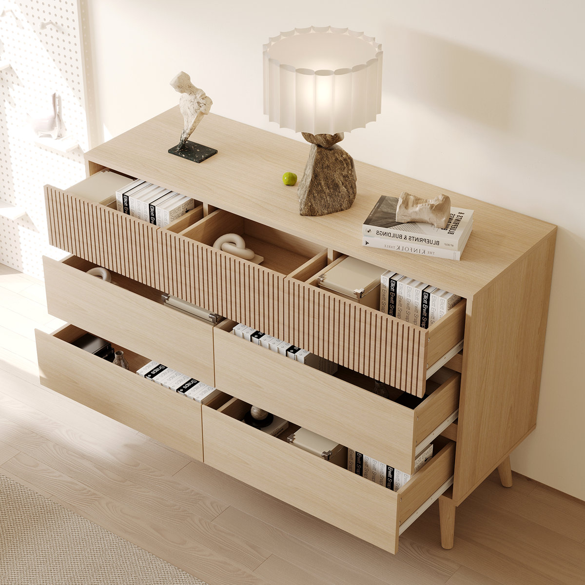 George Oliver Natural Wood 7-Drawer Dresser - Striped Surface & Pull ...