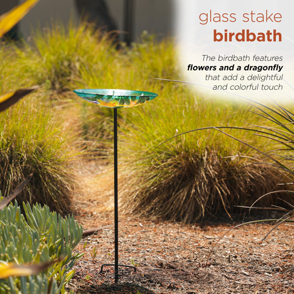 Alpine 10"H Glass Stake Bird Bath with Flowers and Dragonfly for Garden ...