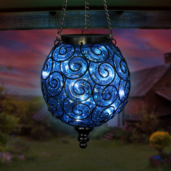 Exhart Solar Round Glass and Metal Hanging Lantern with 15 Cool White ...