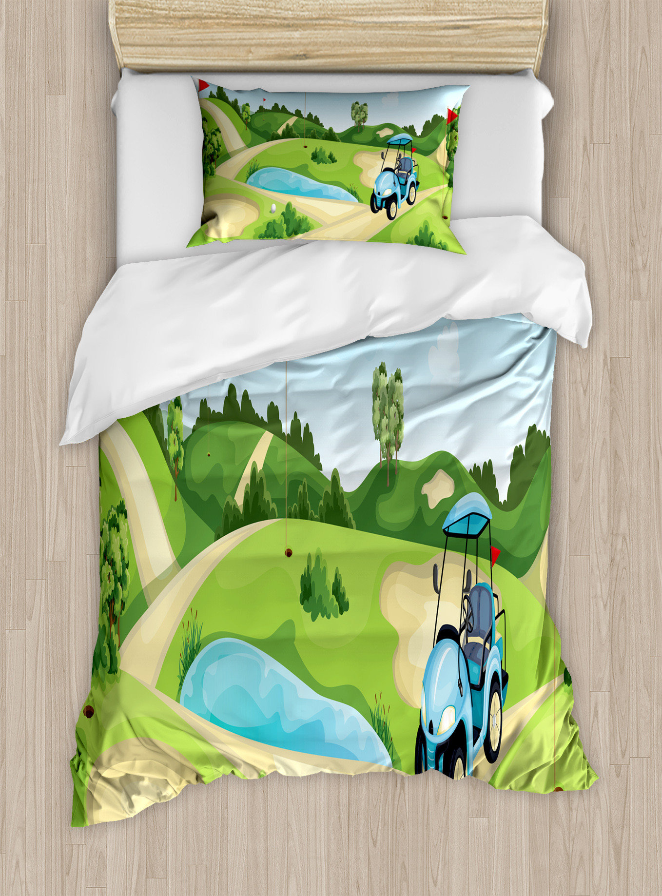 Ambesonne Golf Course Scene Duvet Cover Set, Hills Car Flags, Twin ...