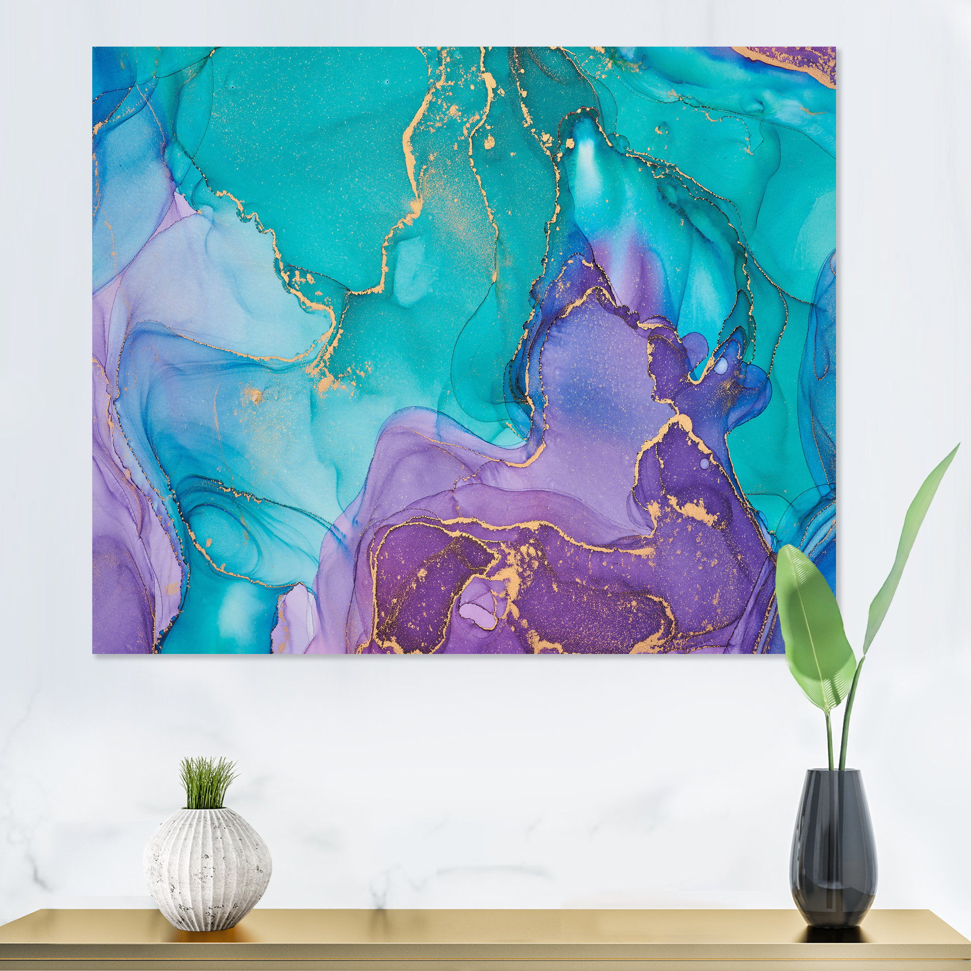 East Urban Home Turquoise and Purple Liquid Art I - Print on Canvas ...