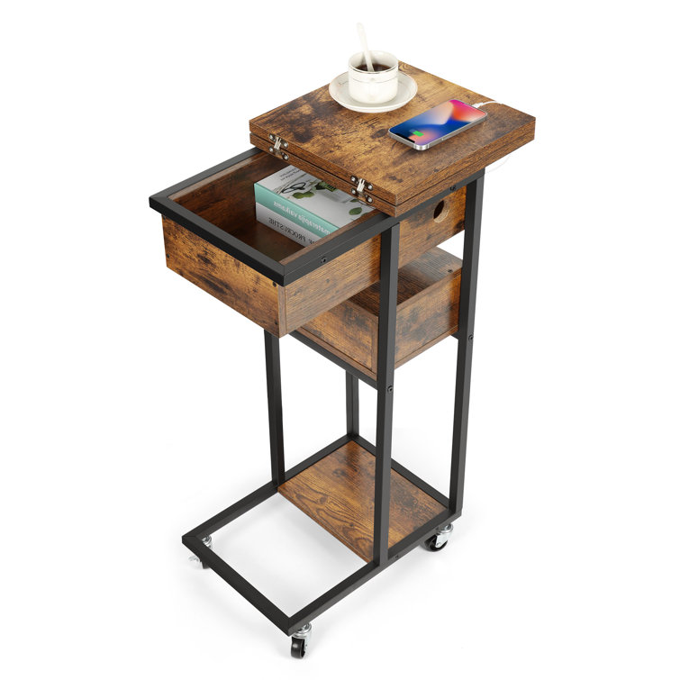 17 Stories Sacson Solid Wood Wheel End Table with Storage and Built-In ...