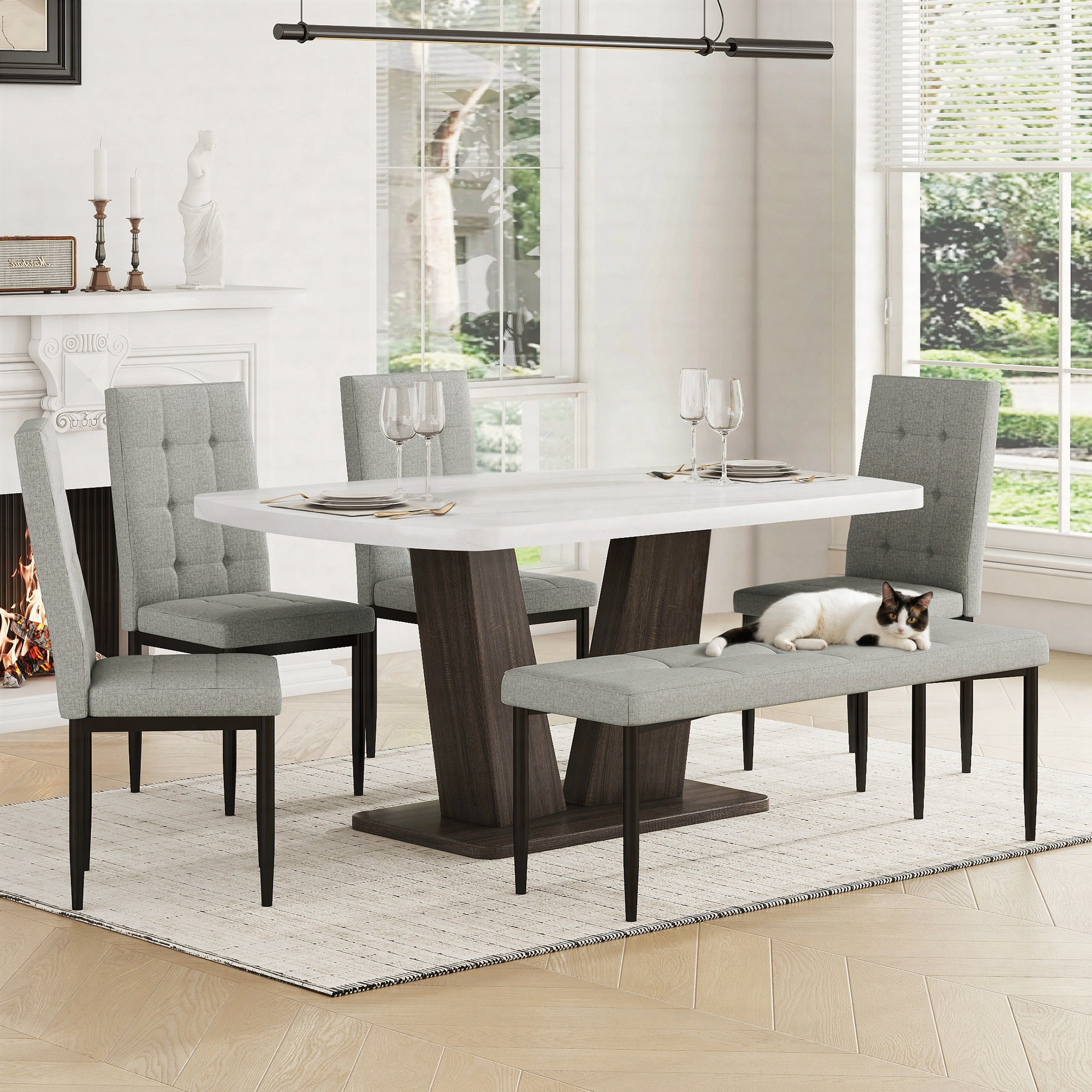 Corrigan Studio® 6-Piece Dining Table Set Faux Marble Table With V ...