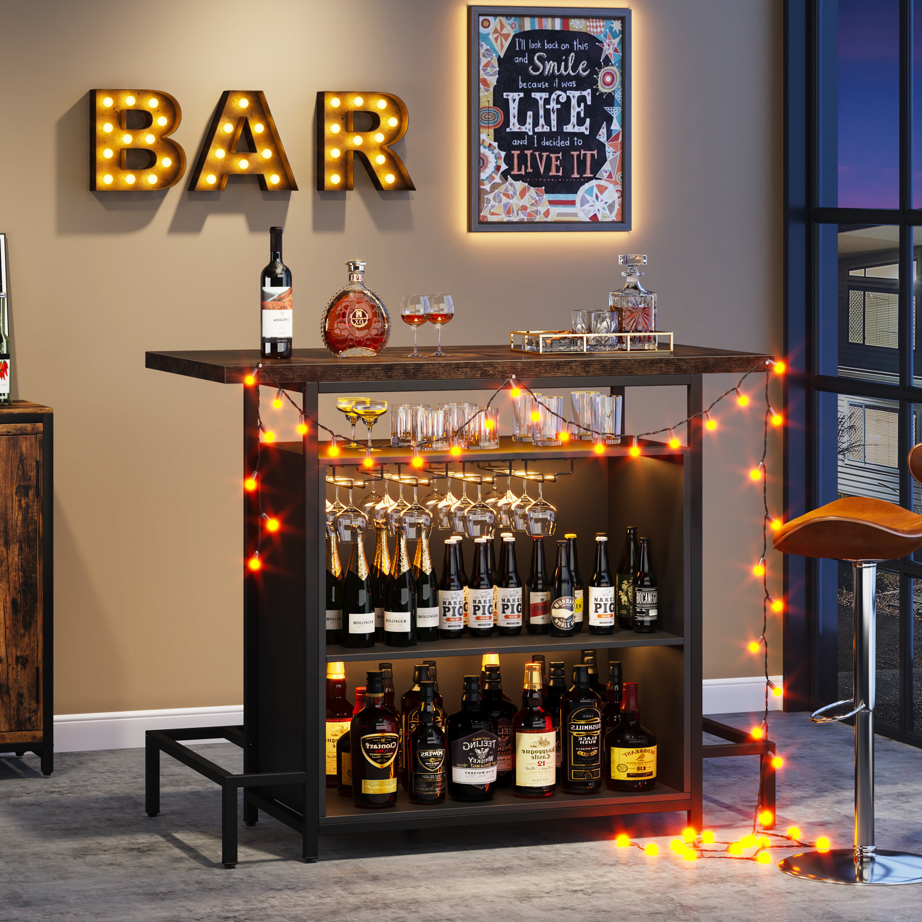 17 Stories Industrial Home Bar Unit, 3-Tier Liquor Bar Pub Table, L ...