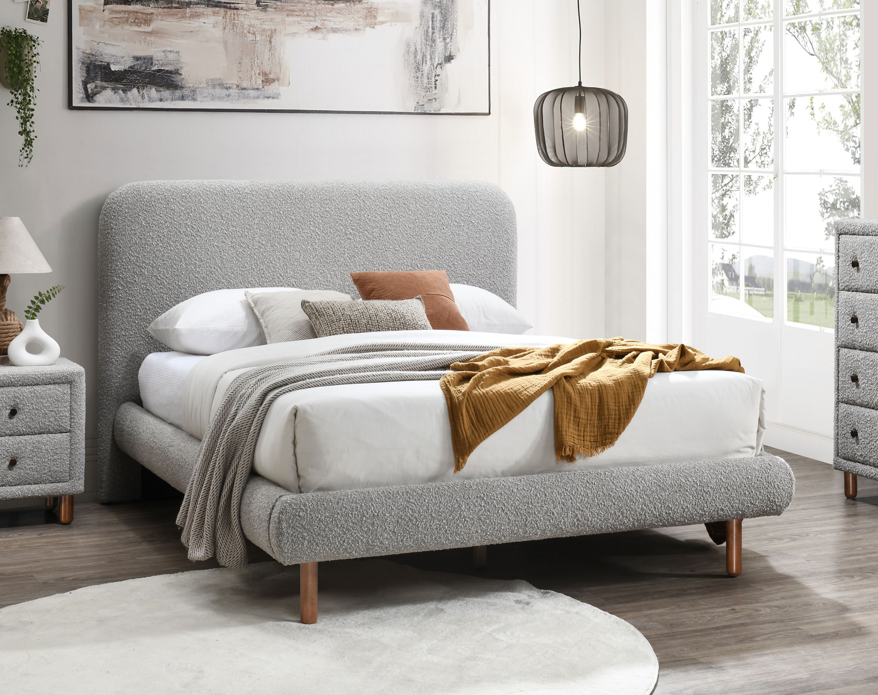 Ebern Designs Reetz Eastern King Platform Bed, Gray Boucle | Wayfair
