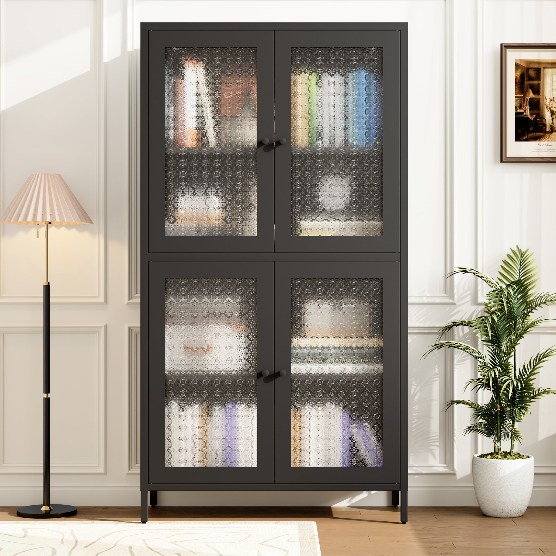 George Oliver Black Metal Side Cabinet With 4 Glass Doors And Shelves ...