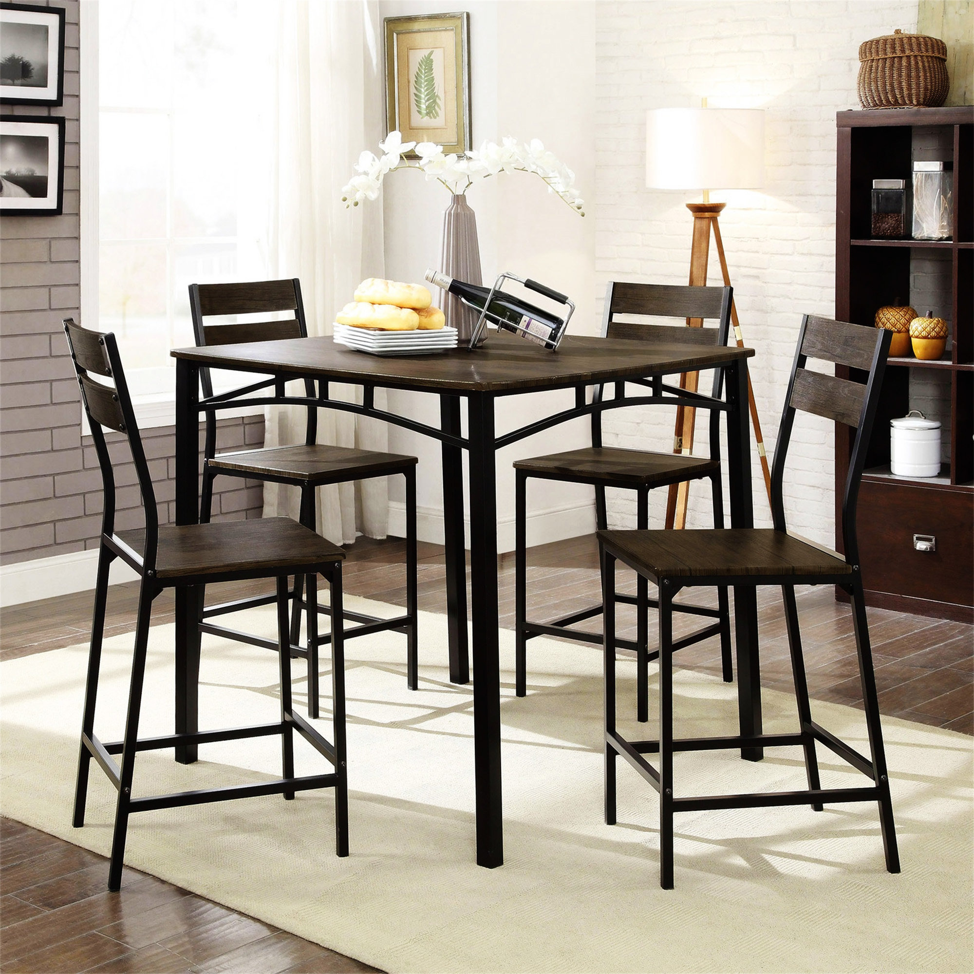 17 Stories Metal Frame Counter Height Dining 5Pc Set Wooden Set Table ...