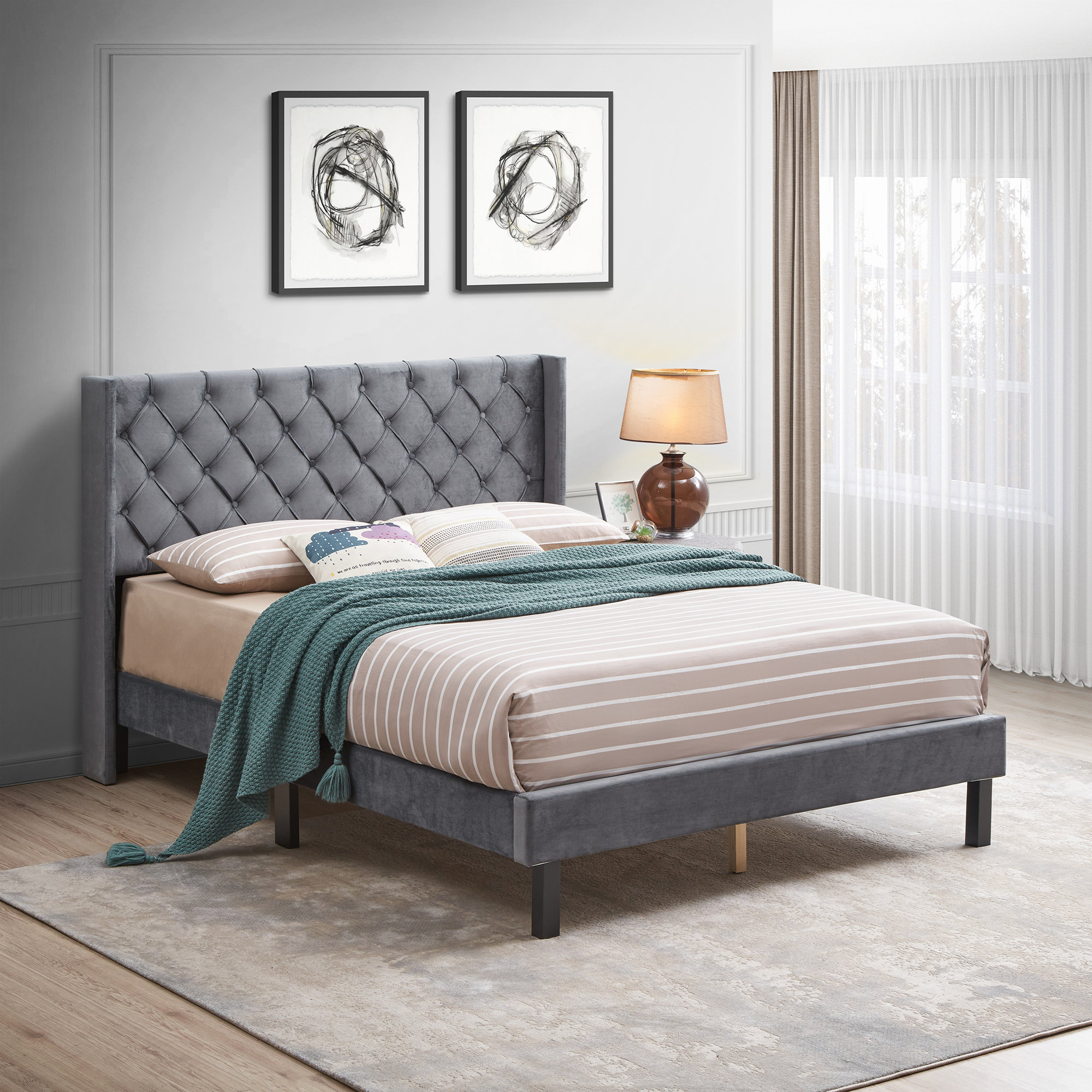 House of Hampton® Queen Size Velvet Button Tufted-Upholstered Bed | Wayfair