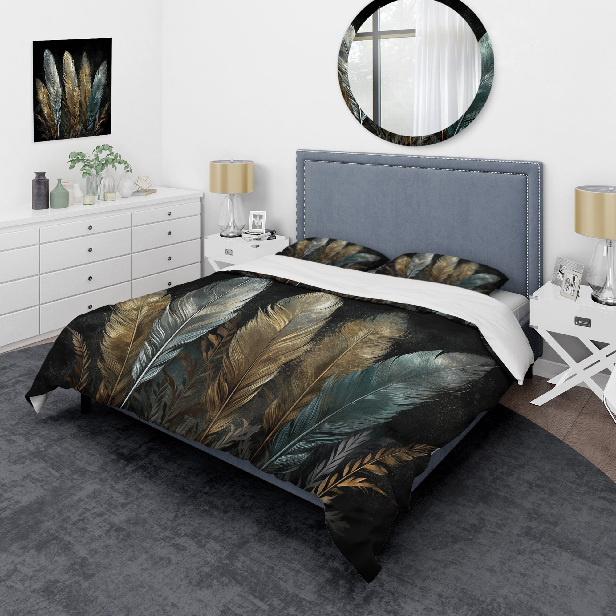 Design Art Gold Gilded Feathers II - Glam Feather Duvet Cover Set ...
