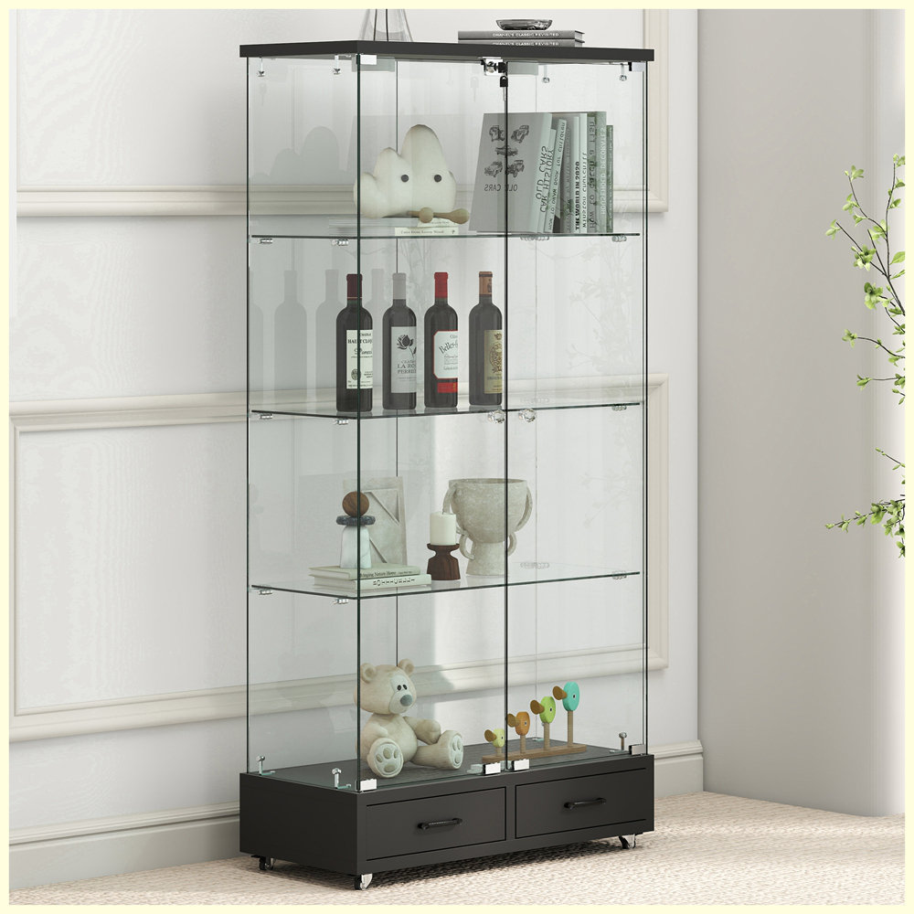 Brayden Studio Modern Glass Display Cabinet with Large Drawers and LED ...