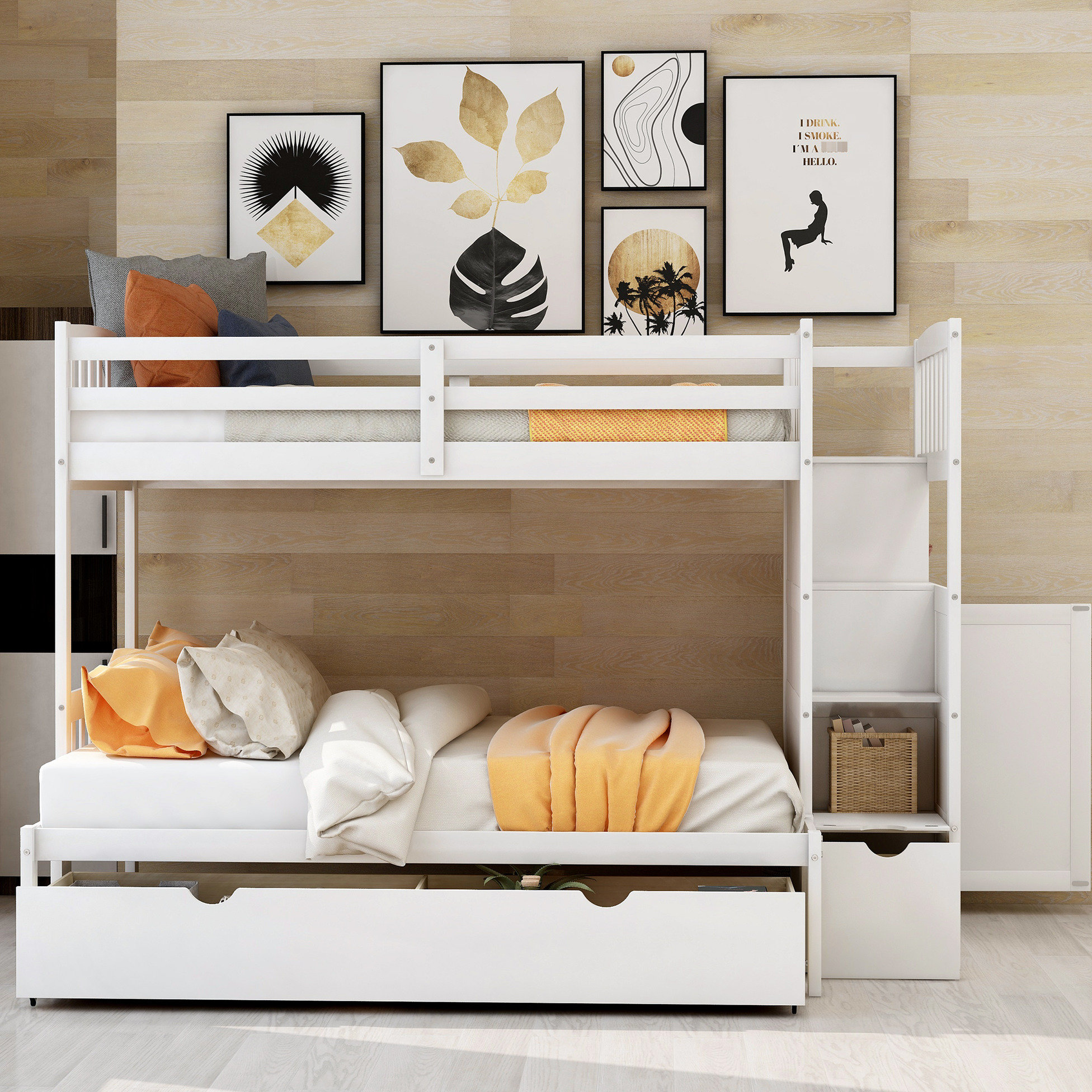 Harriet Bee Space Twin Over Full Bunk Bed In White With Guardrails ...