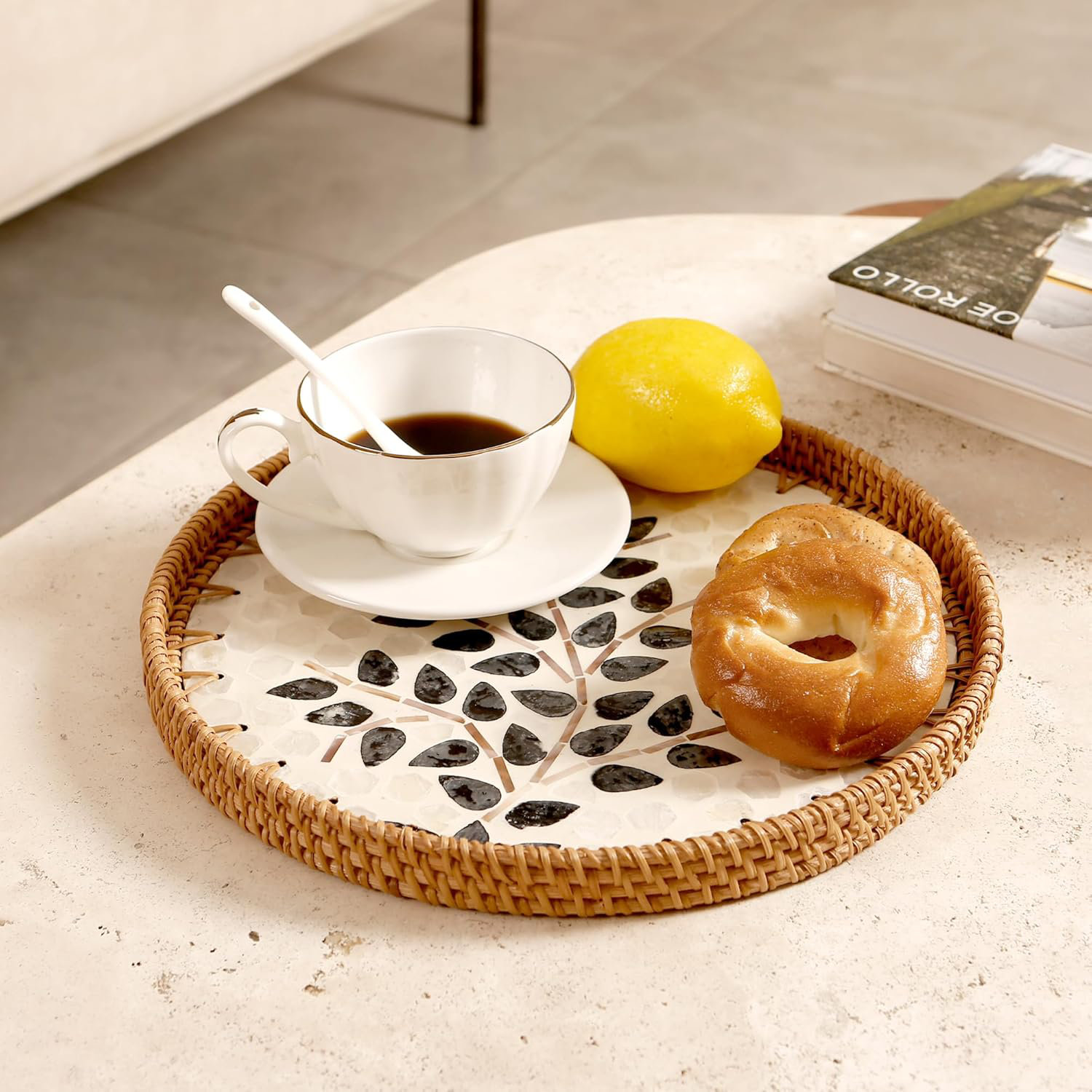 Winston Porter Round Rattan Tray With Mother Of Pearl Inlay & Wooden ...