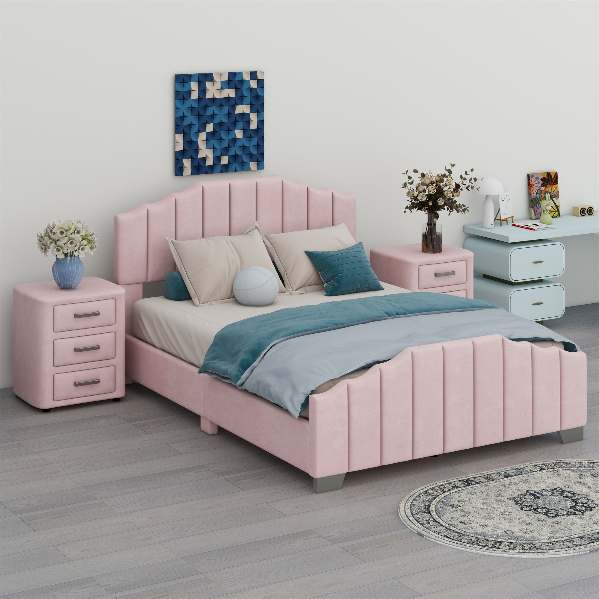 House of Hampton® 3 Pieces Bedroom Sets, Upholstered Platform Bed ...