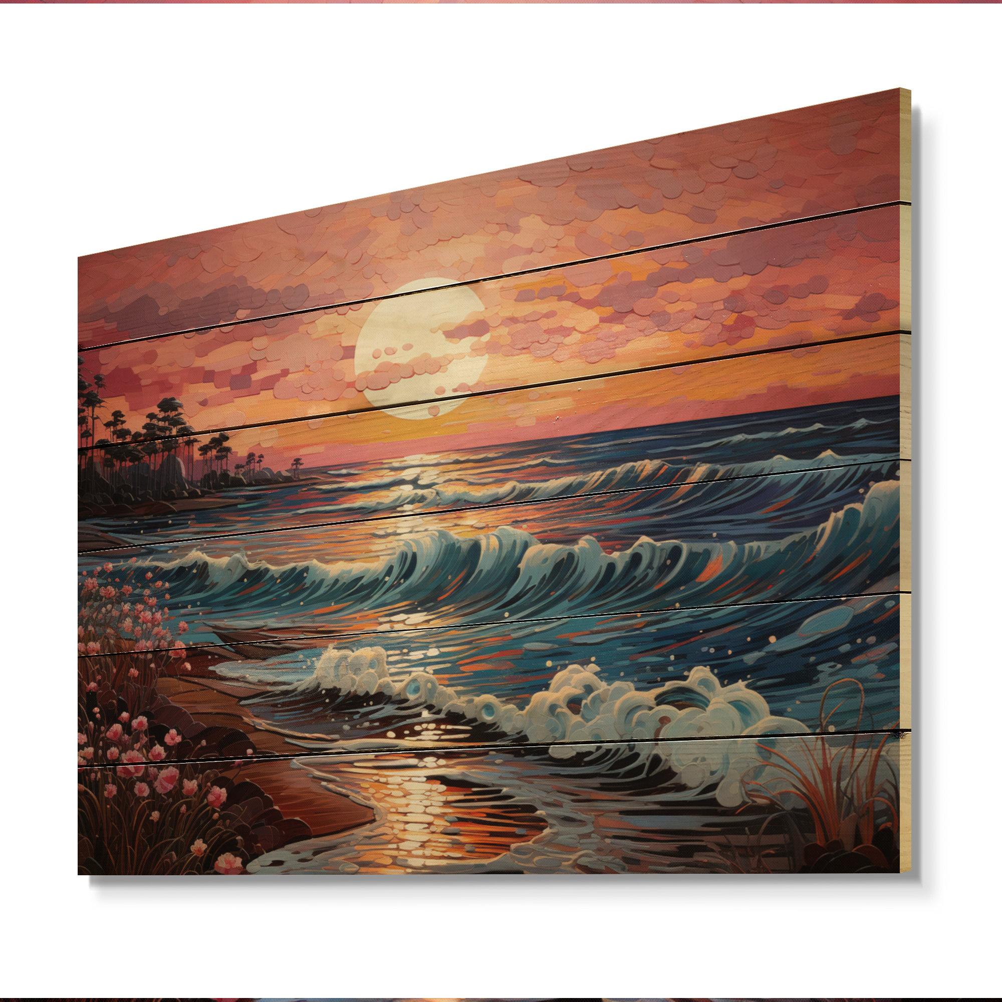 Dovecove Beach Crimson Sunset Pointillism - Nautical & Beach Print On ...