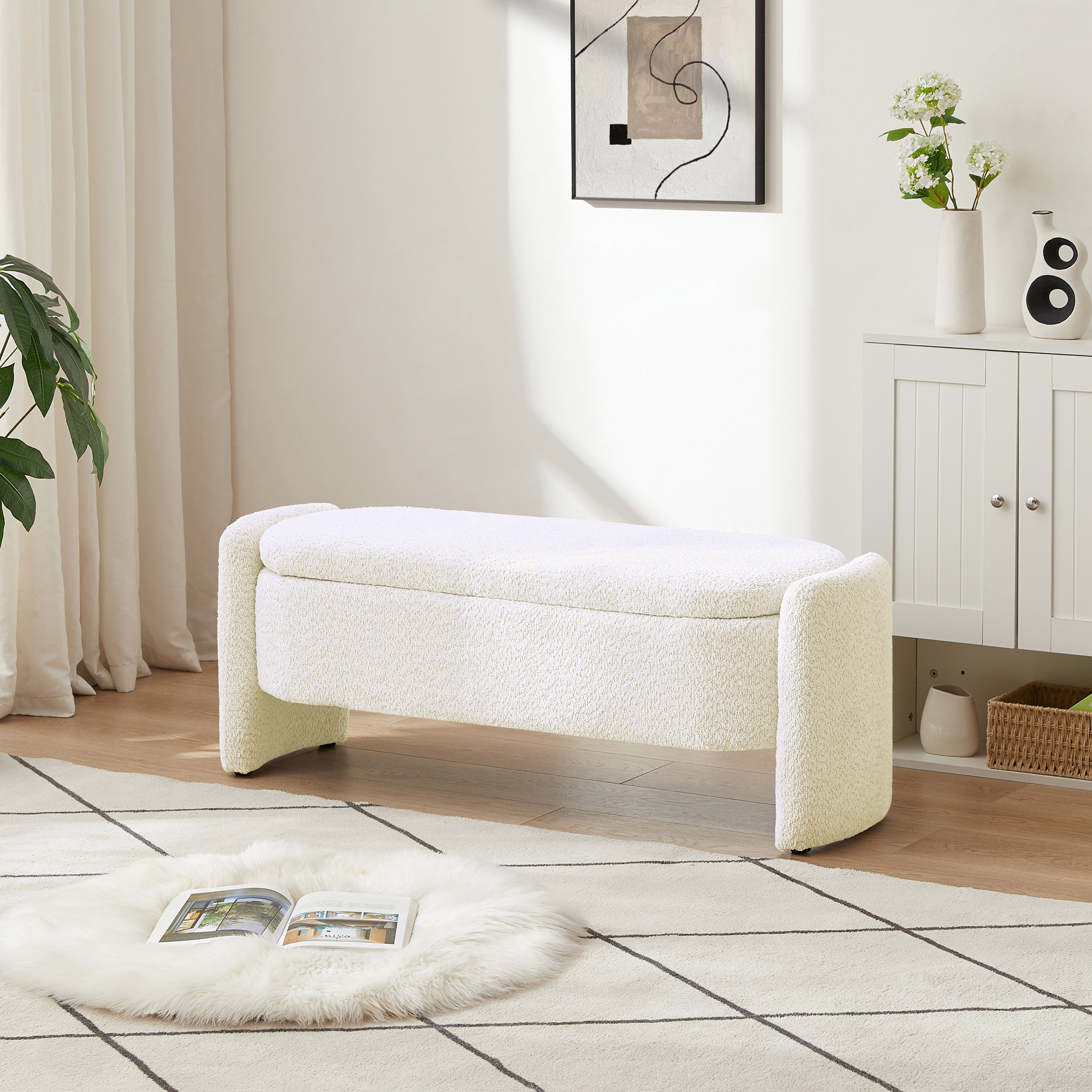 Latitude Run® Ottoman Oval Storage Bench 3D Lamb Fleece Fabric Bench ...