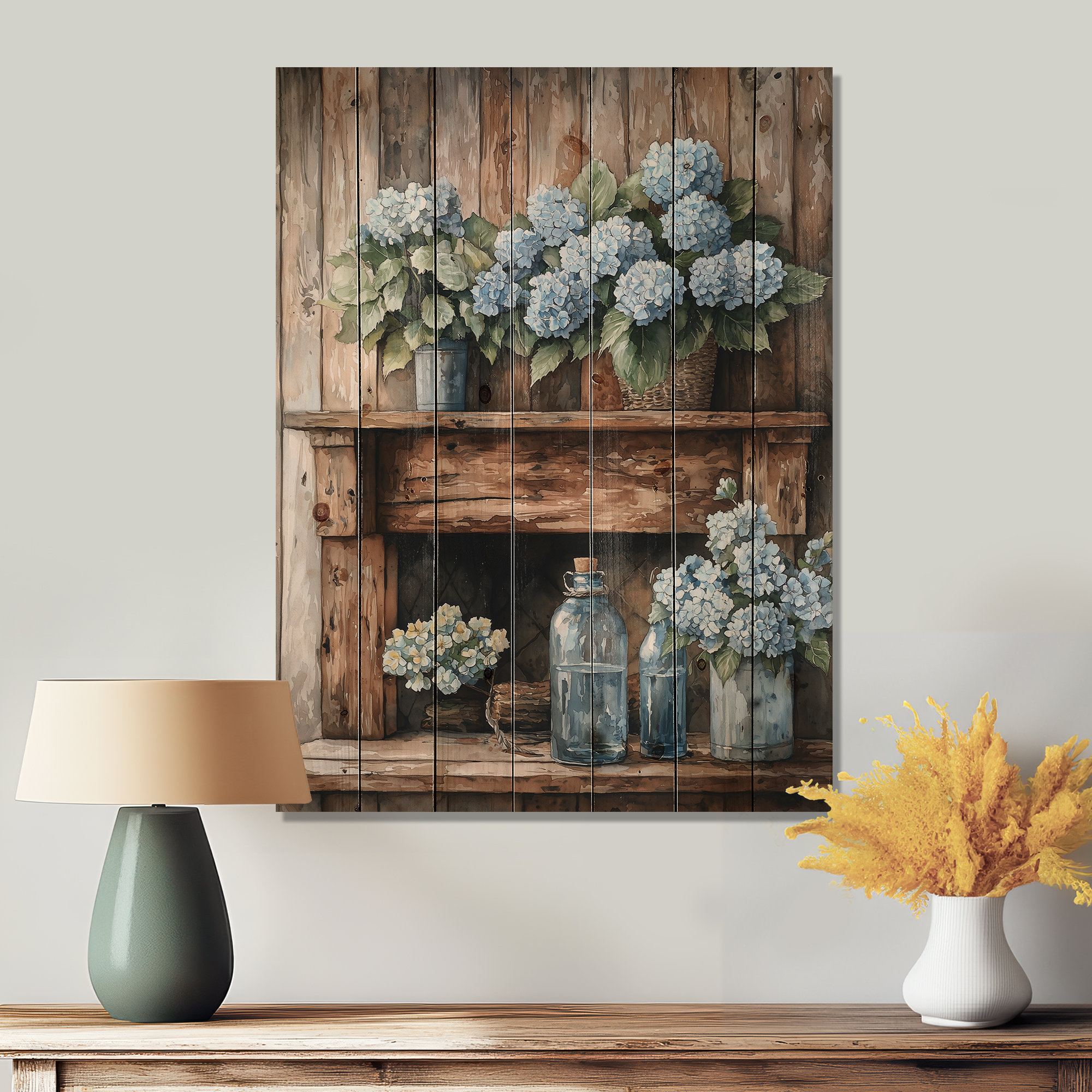 Ophelia & Co. Hydrangeas By The Fireplace I - Hydrangea Wood Wall Decor ...
