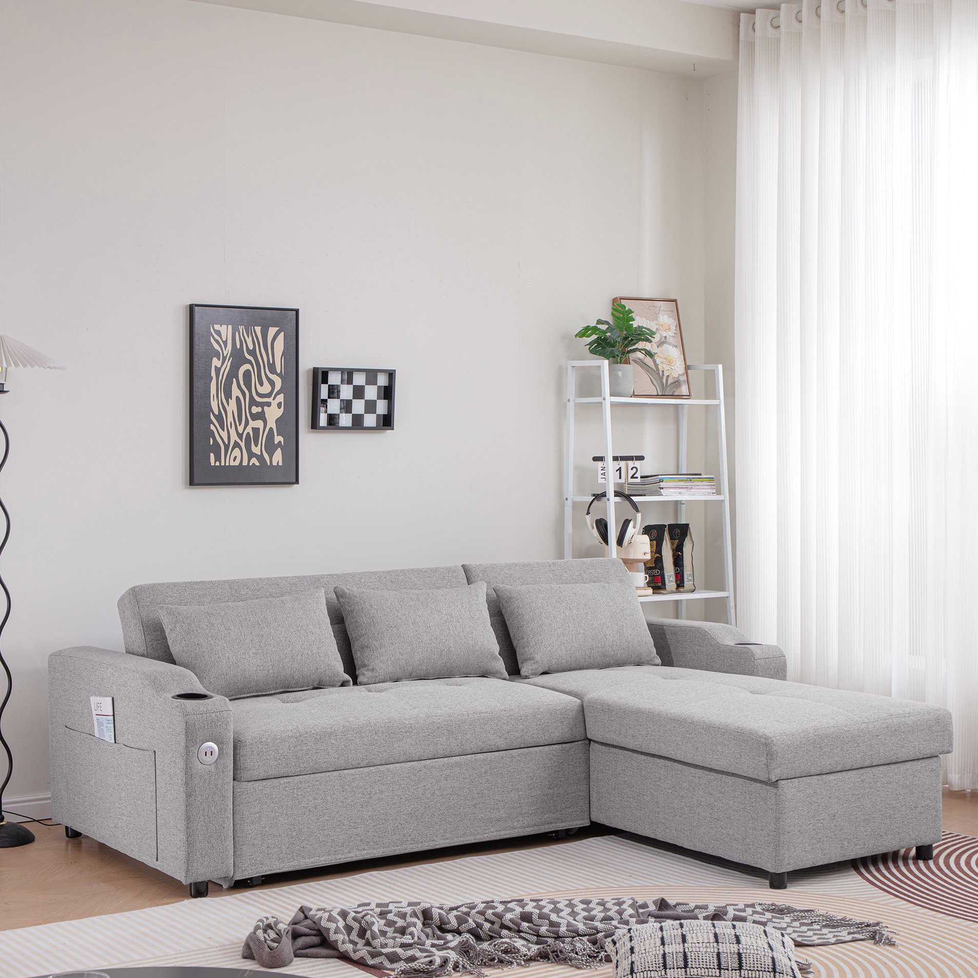 Winston Porter Méridienne de rangement réglable avec ports, porte-gobelets et revêtement en lin ...