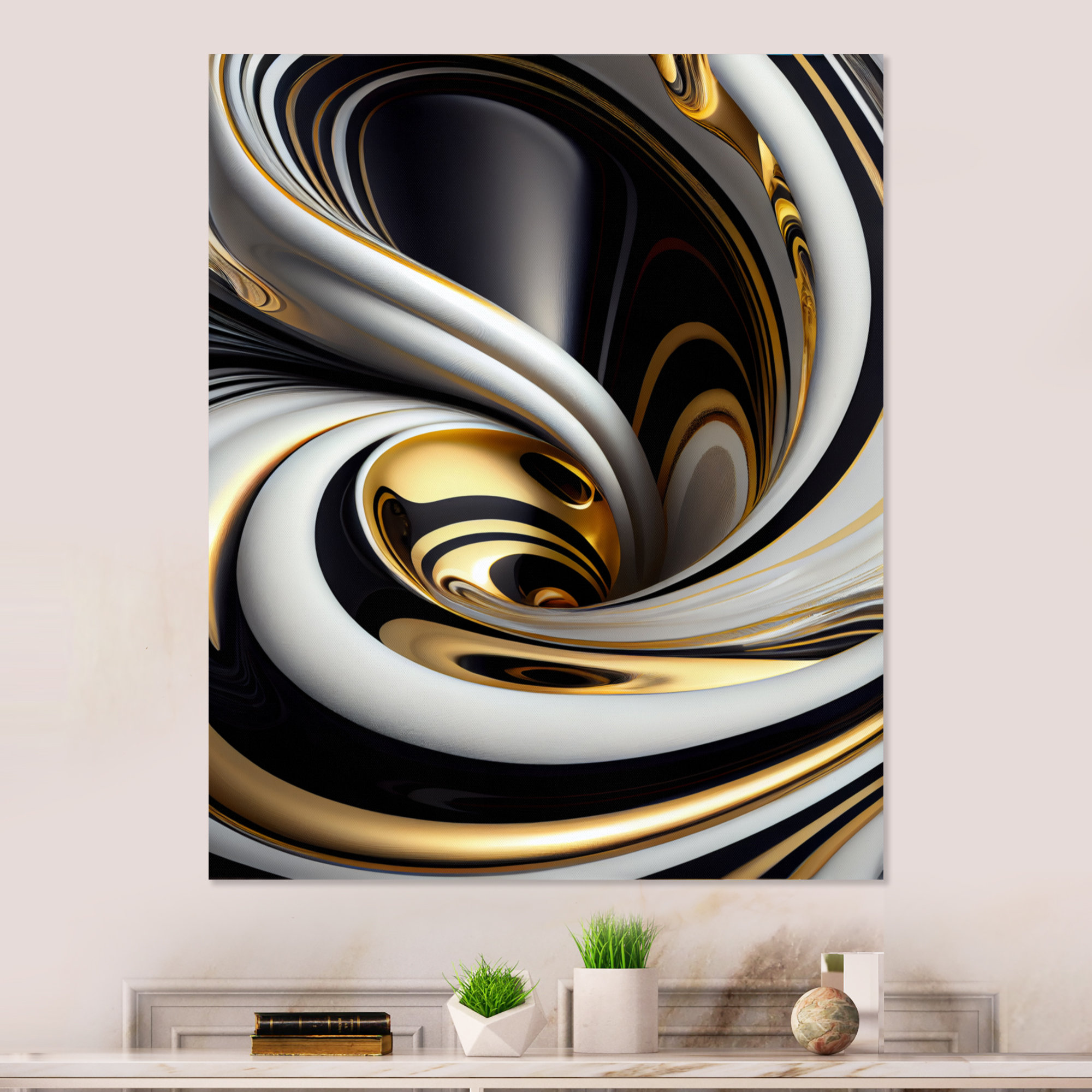 Design Art Gold Black And White Stained Glass I - Abstract Spirals Canvas Print Wall Art ...