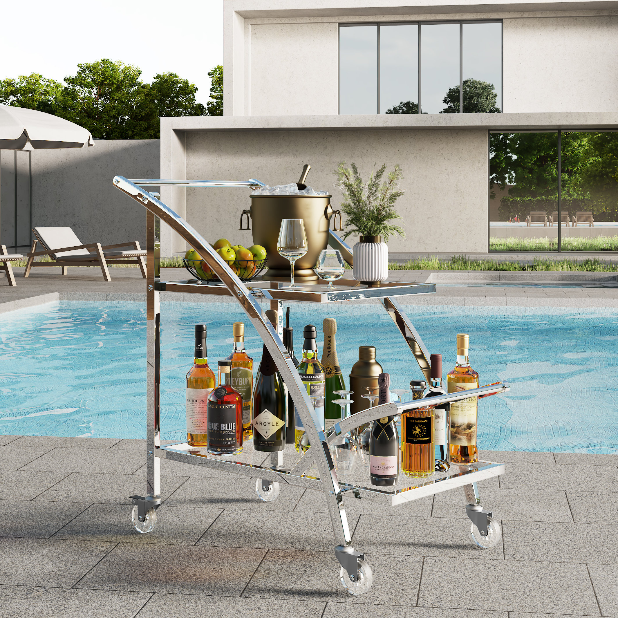 Brayden Studio® Commercial Grade Chrome Bar Cart with Wine Rack ...