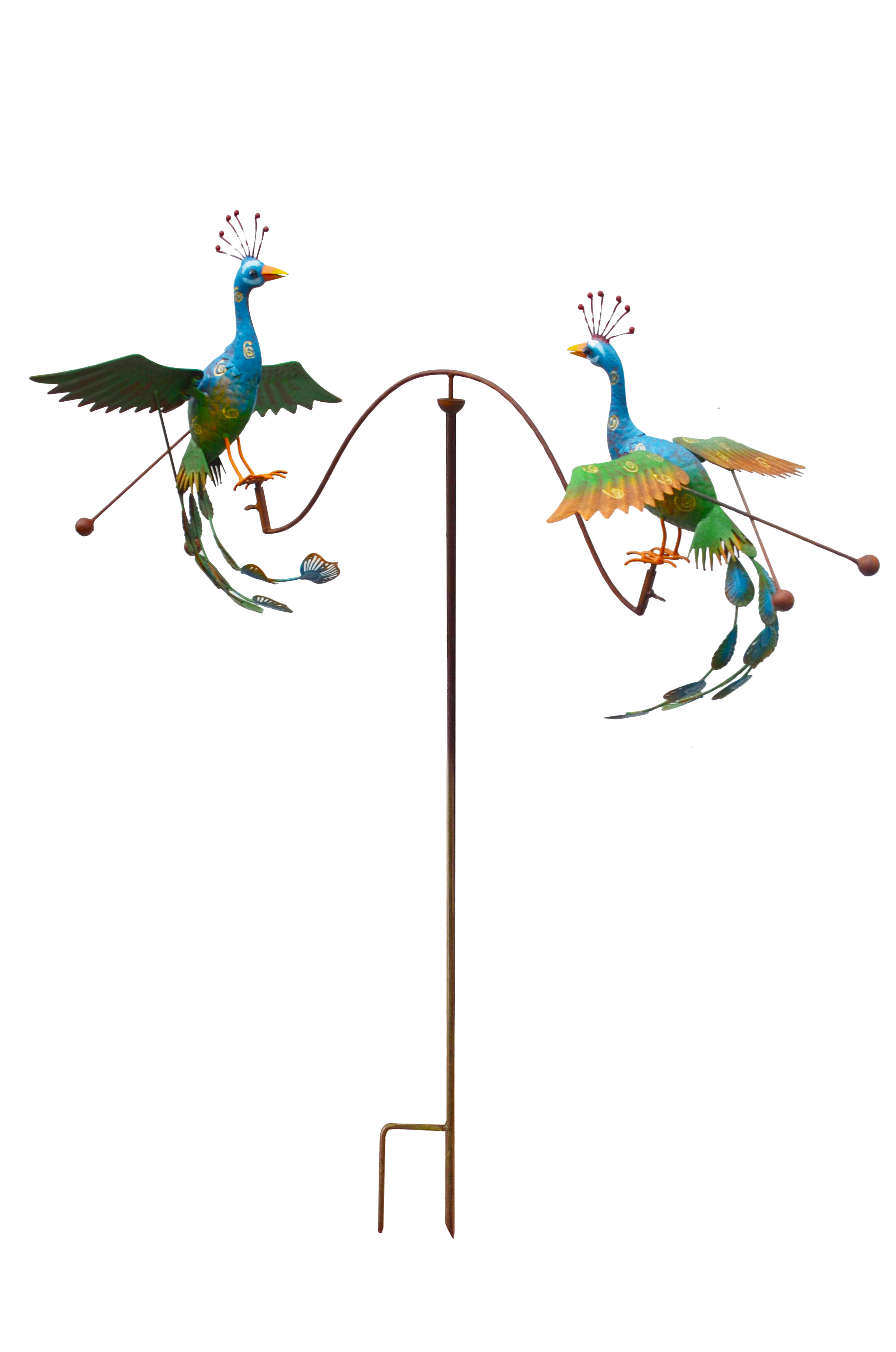 Bungalow Rose Rustic Metal Double Peacock Balancer Garden Stake Animals ...