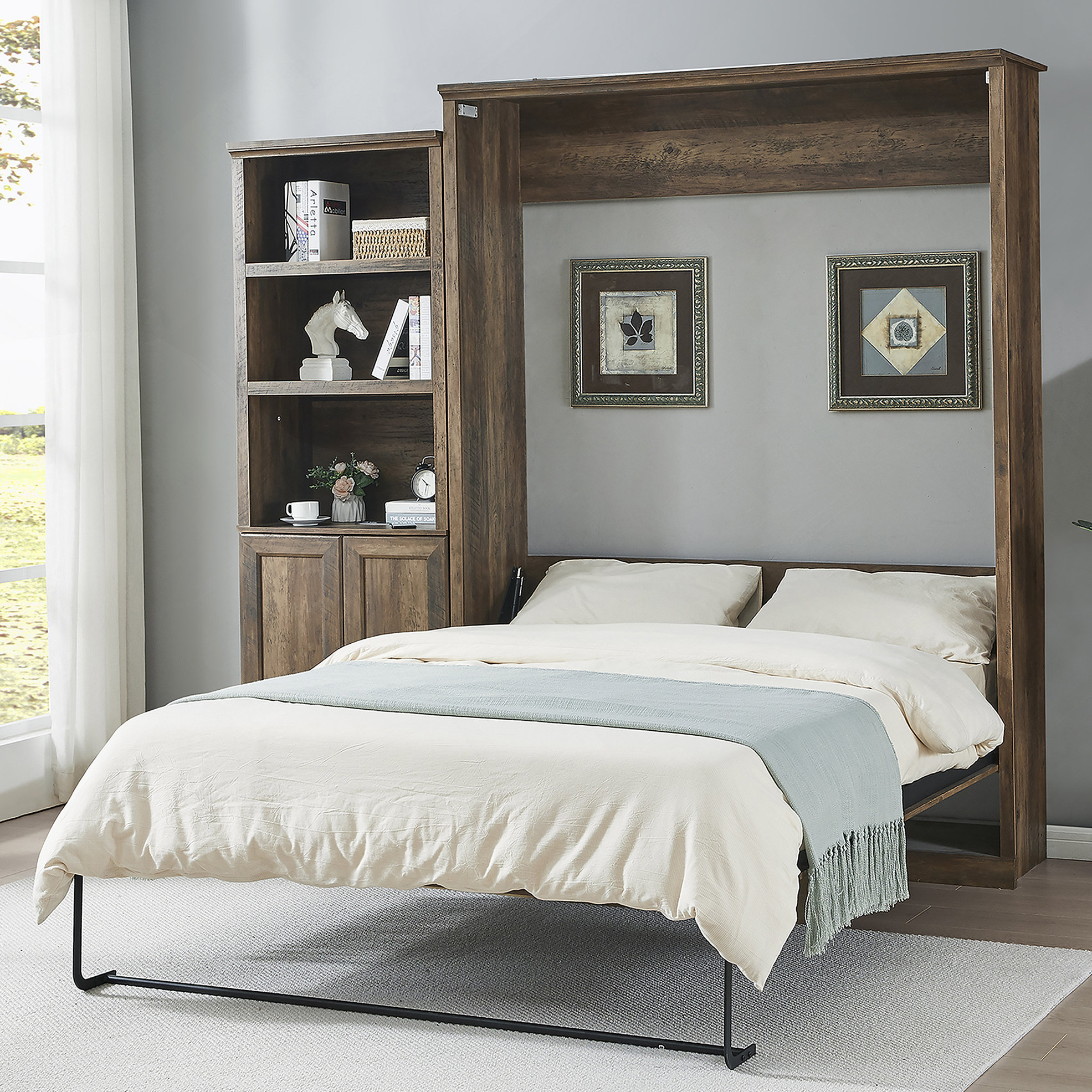 Millwood Pines Half Self-Close and Open Murphy Bed with 1 Side Cabinet ...