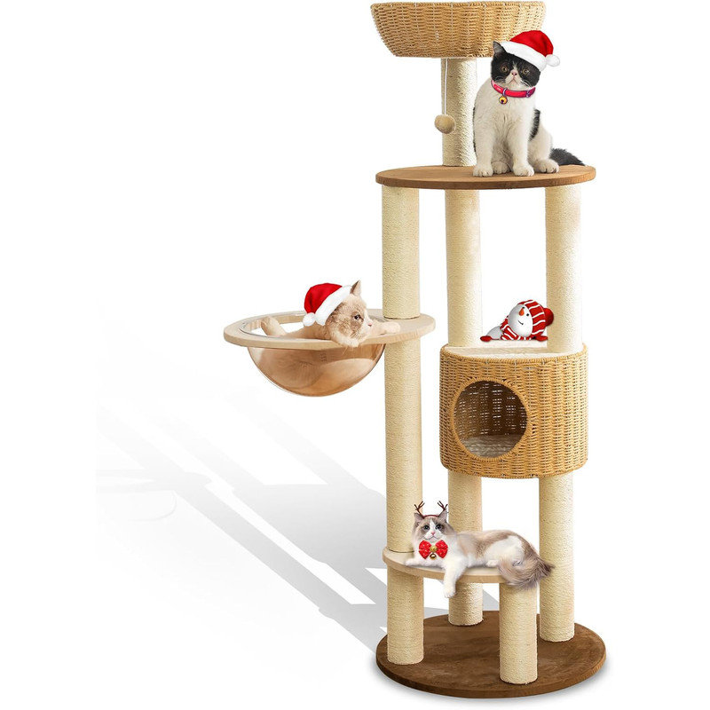 NOMBEL 59" Modern Cat Tree Tower for Indoor Cats, Oak Cat Scratching ...