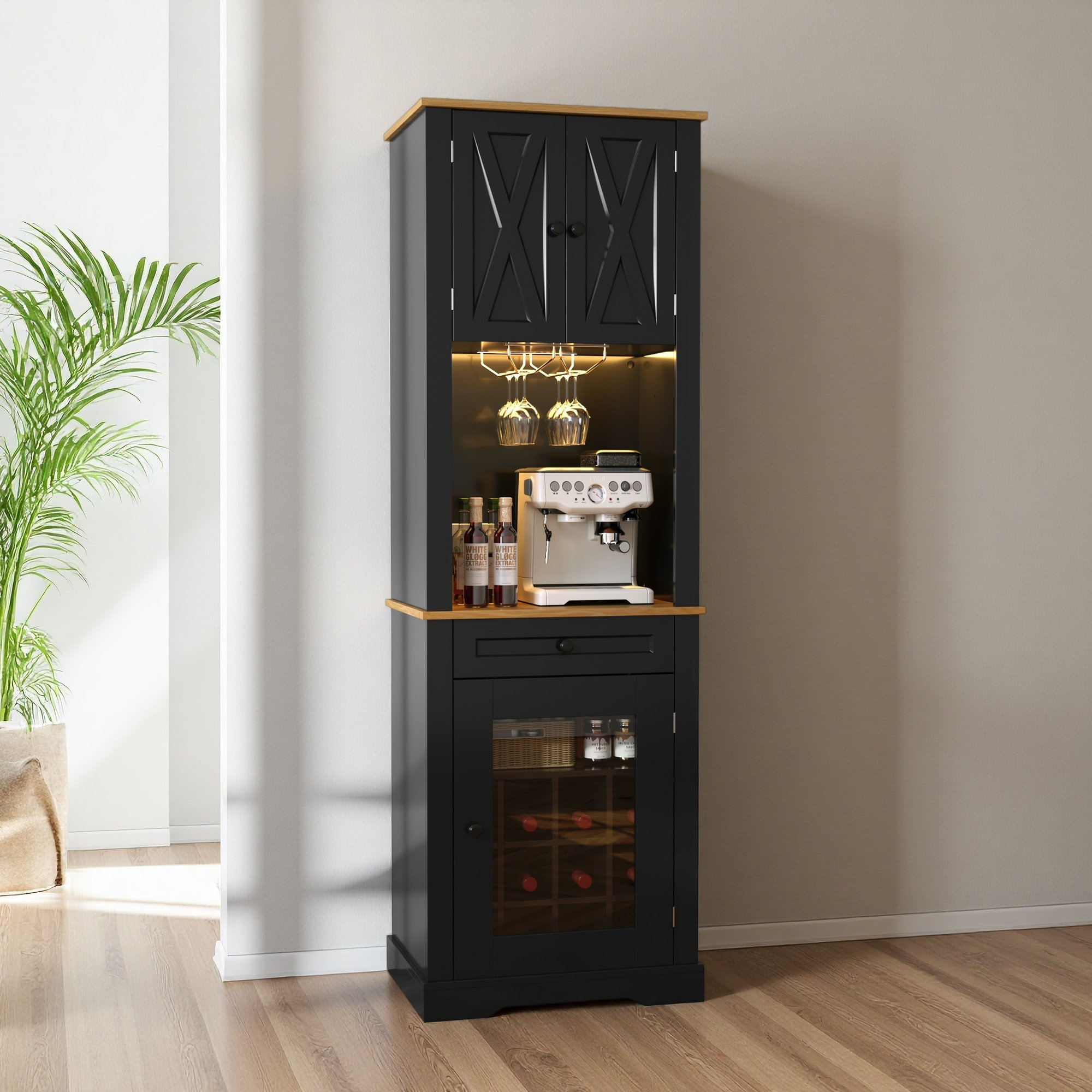 Lark Manor™ Bar Cabinet With LED Light, 69" Farmhouse Wine Cabinet With ...