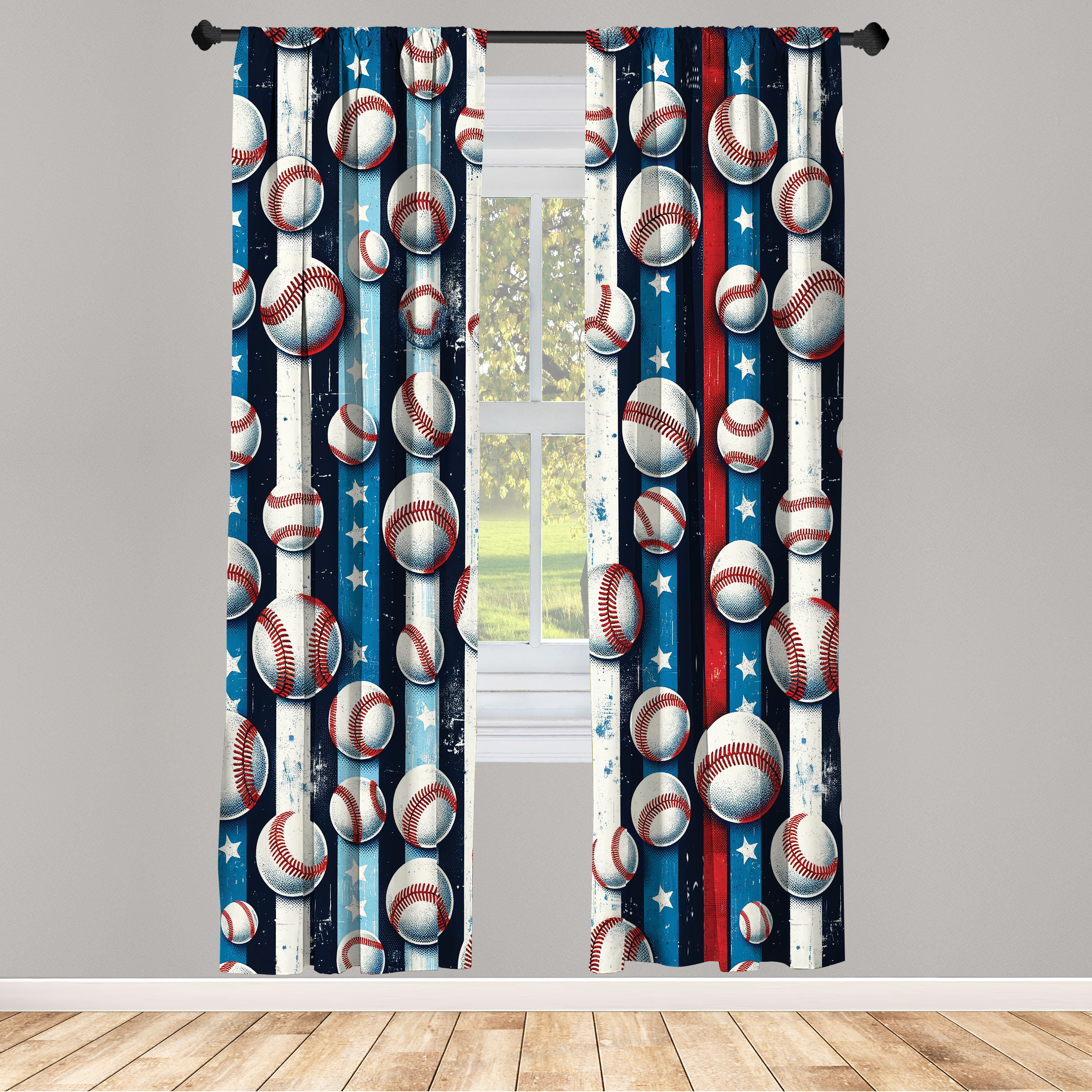 Ambesonne Baseball Curtains Ball Pattern Sea Blue Off White Red | Wayfair