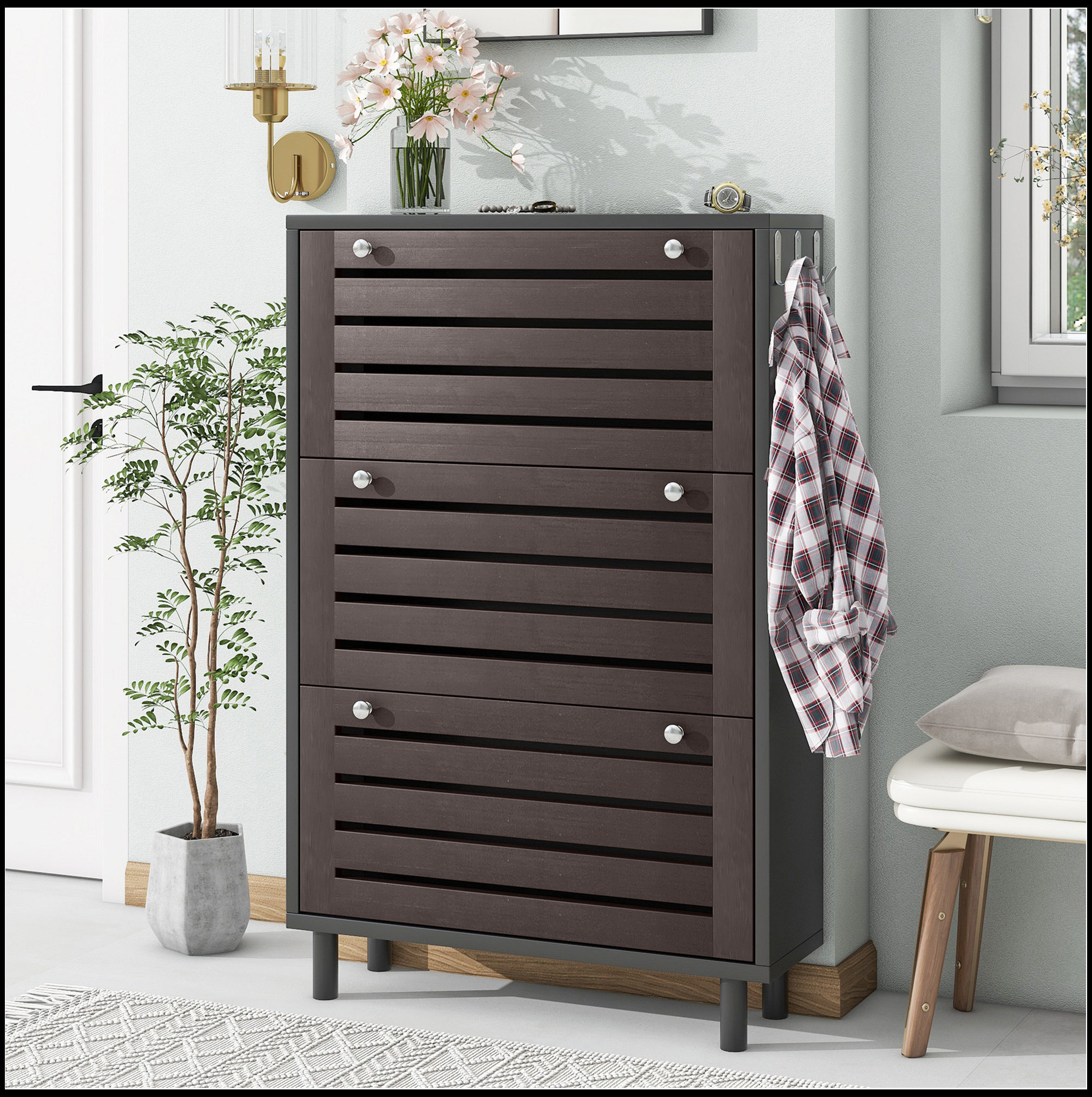 George Oliver 24Pairs_Tipping Bucket Shoe Cabinet With Hanging Hooks ...