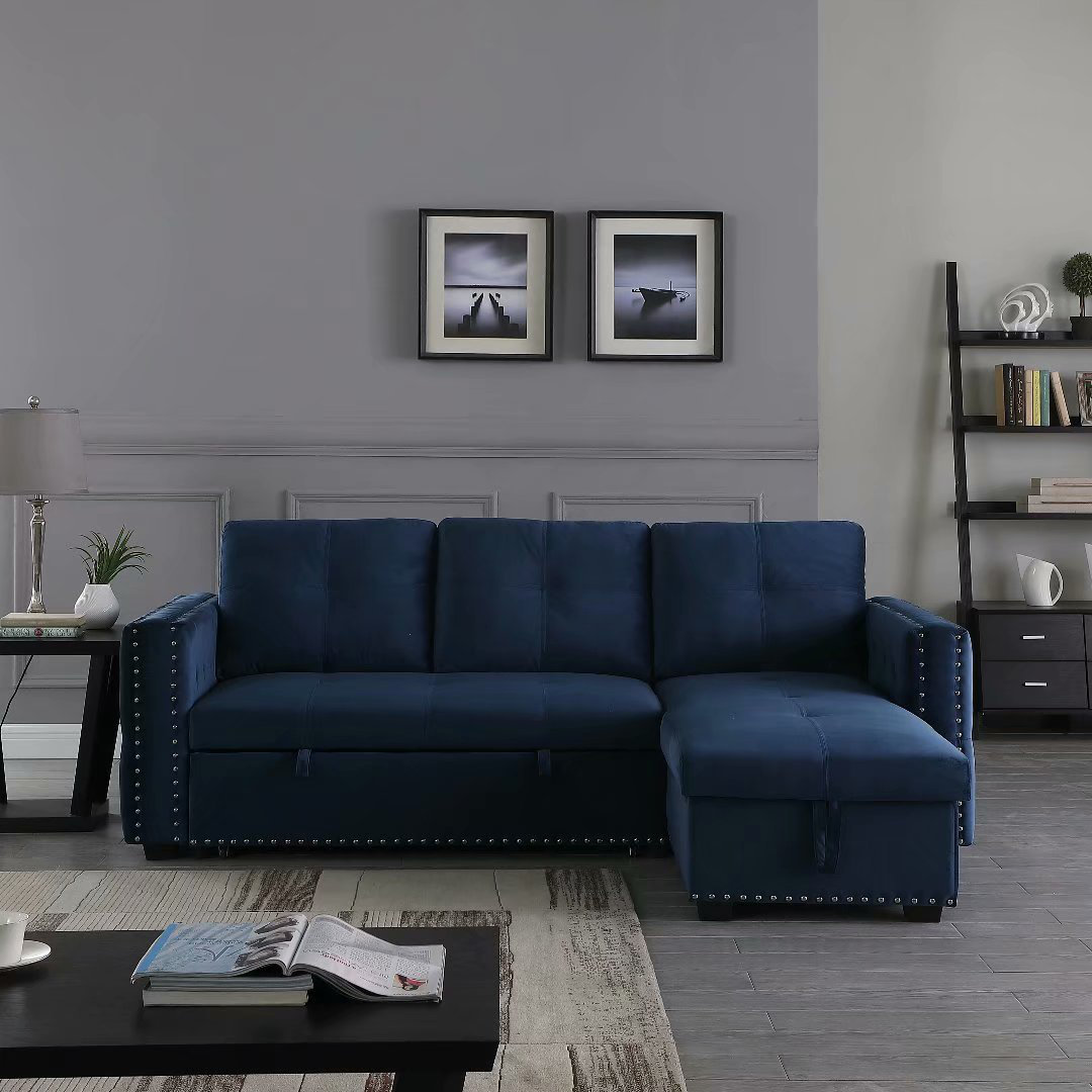 Everly Quinn Velvet Reversible Sleeper Sectional Sofa L-Shape 3 Seat ...